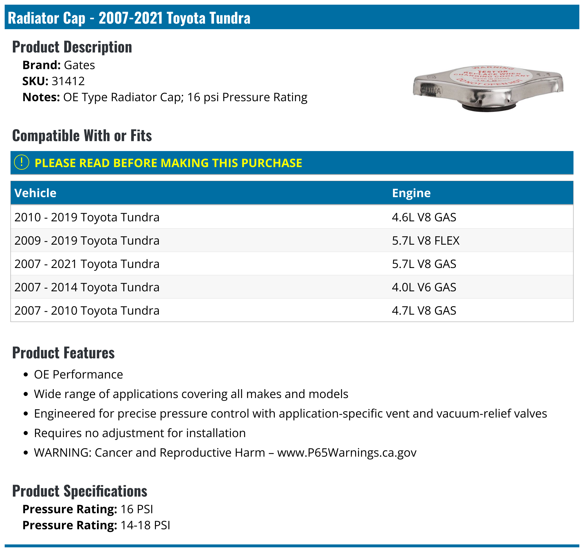 2007-2021 Toyota Tundra Radiator Cap - Gates 31412 - PartsGeek.com