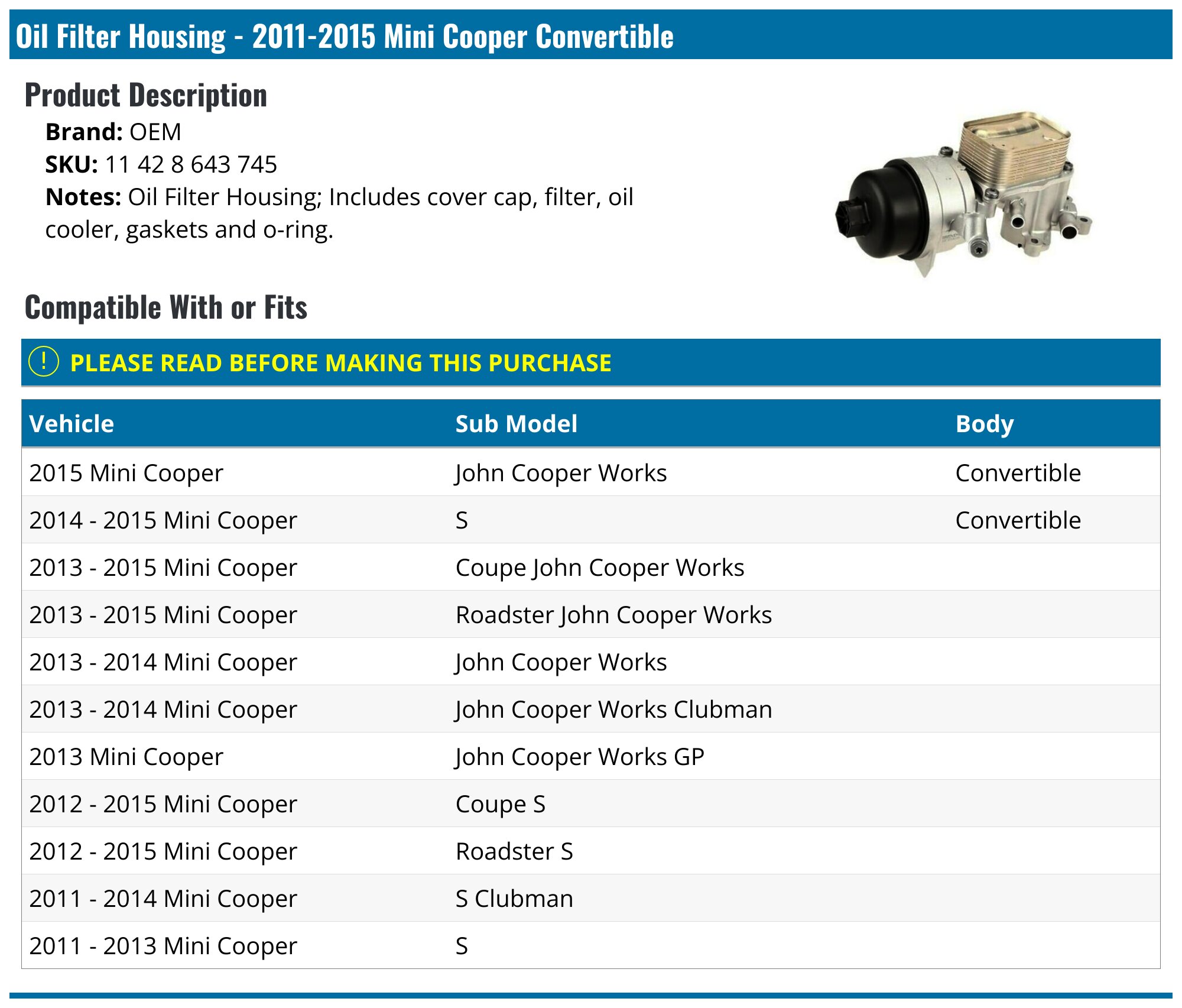 2011-2015 Mini Cooper Oil Filter Housing - OEM 11 42 8 643 745 ...