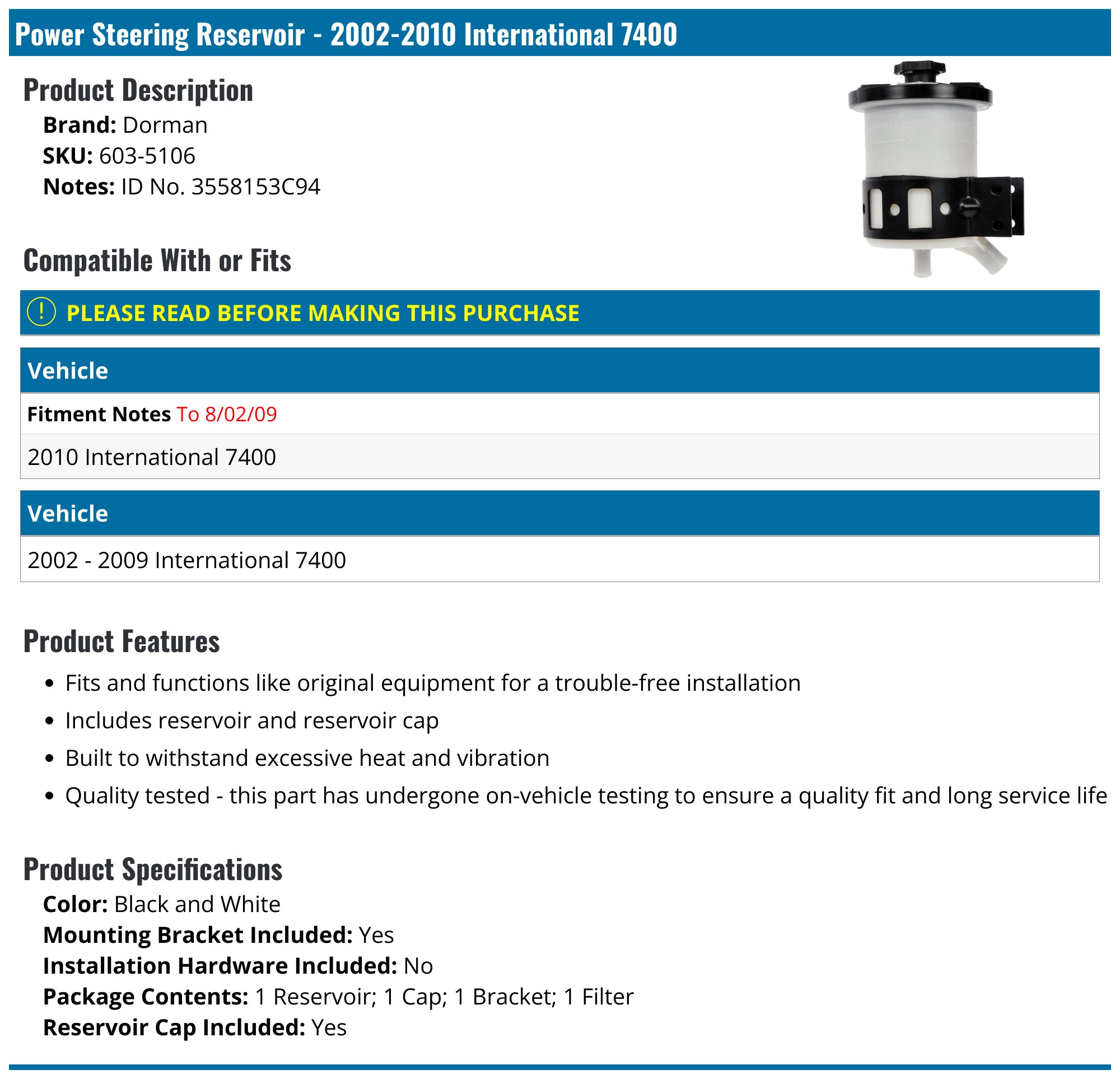 2002-2010 International 7400 Power Steering Reservoir - Dorman 603-5106 ...