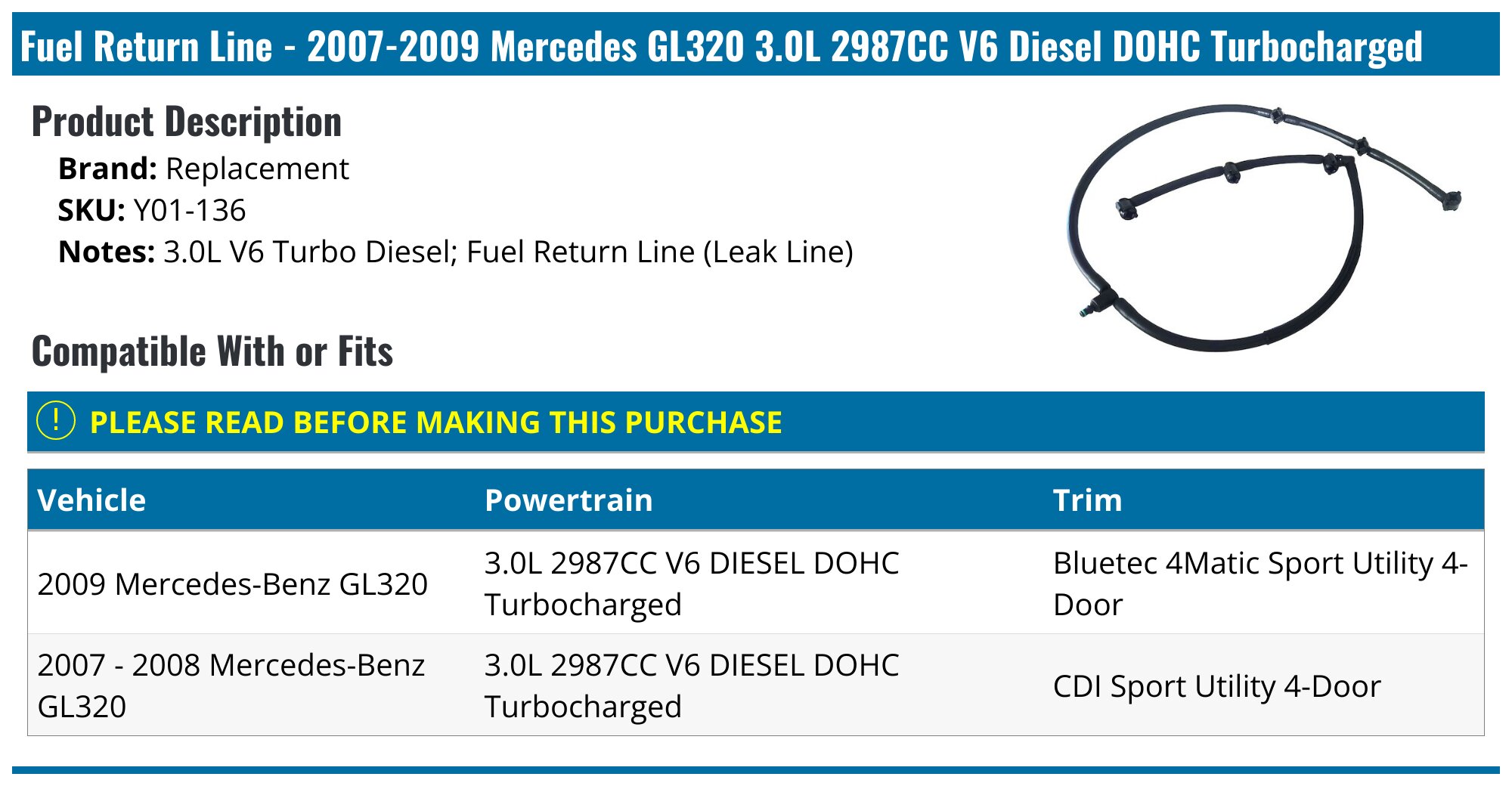2007-2009 Mercedes GL320 Fuel Return Line - Replacement Y01-136 ...