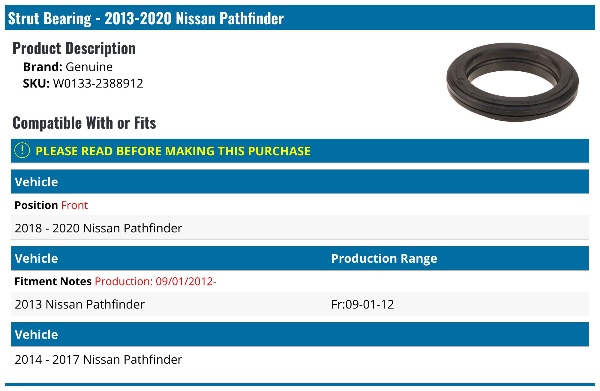 2013-2020 Nissan Pathfinder Strut Bearing - Genuine W0133-2388912 ...