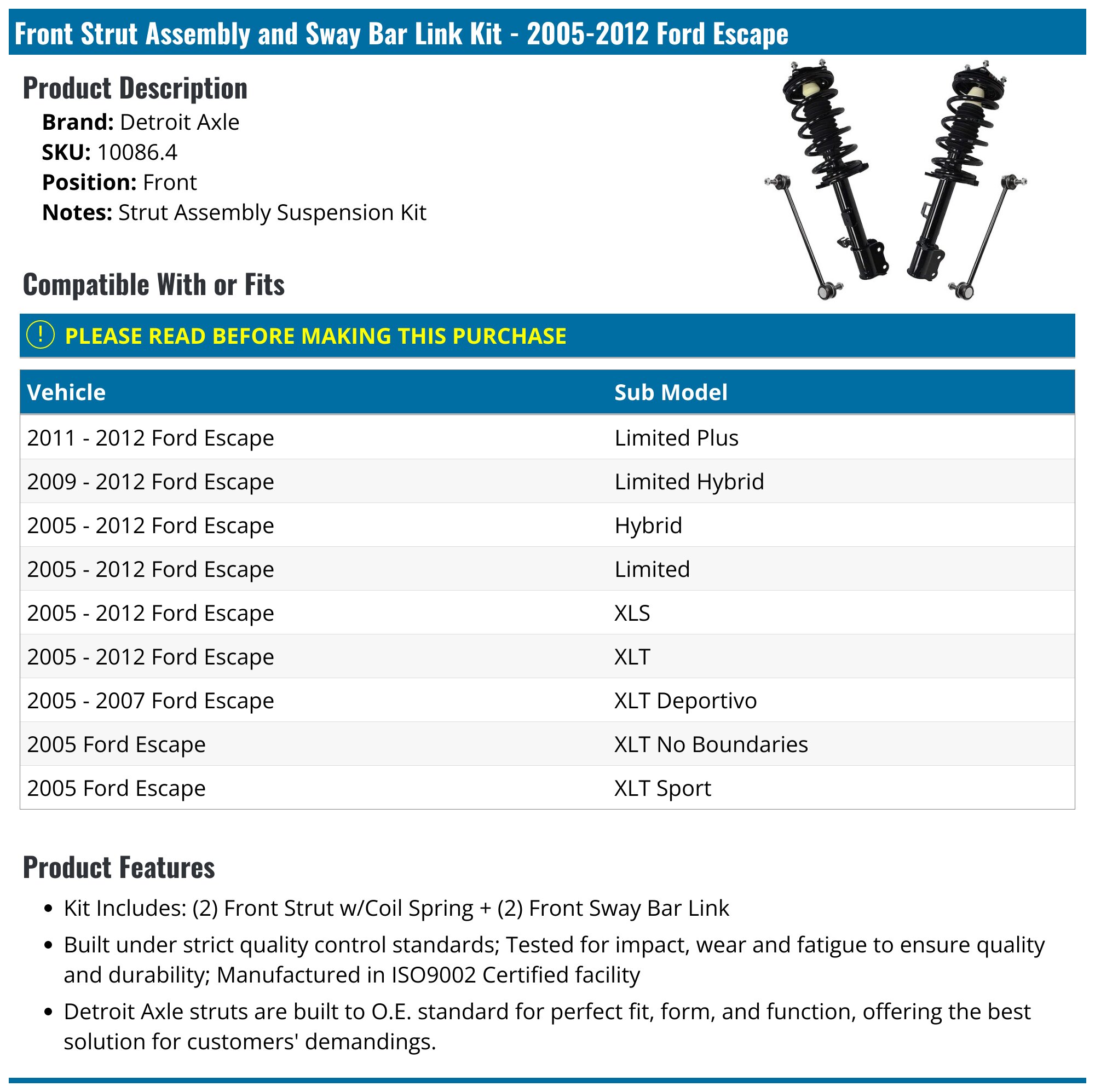 2005-2012 Ford Escape Strut Assembly - Detroit Axle 10086.4 - Front ...