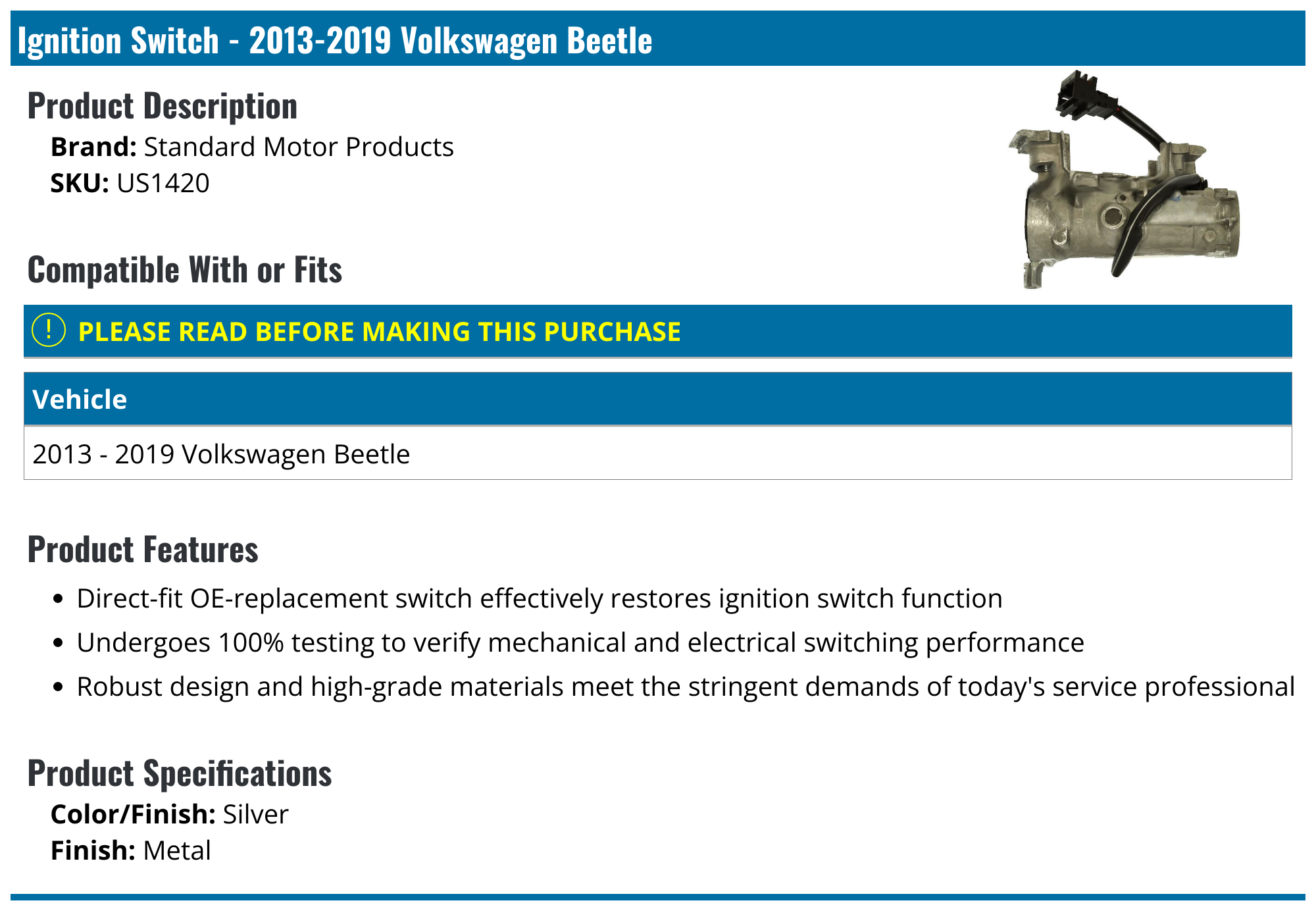 2013-2019 Volkswagen Beetle Ignition Switch - Standard Motor Products ...