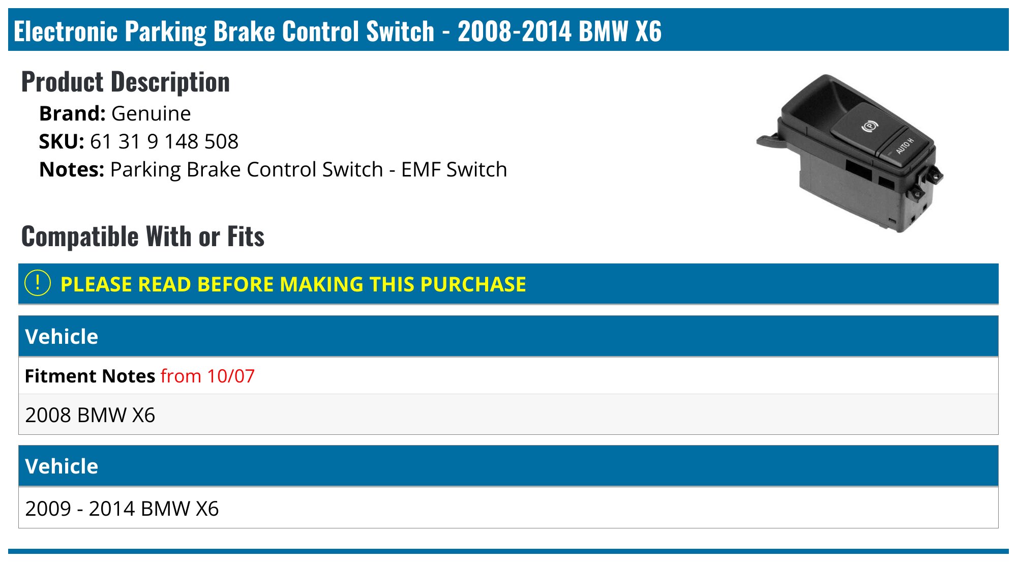 2008-2014 BMW X6 Parking Brake Switch - Genuine 61 31 9 148 508 ...