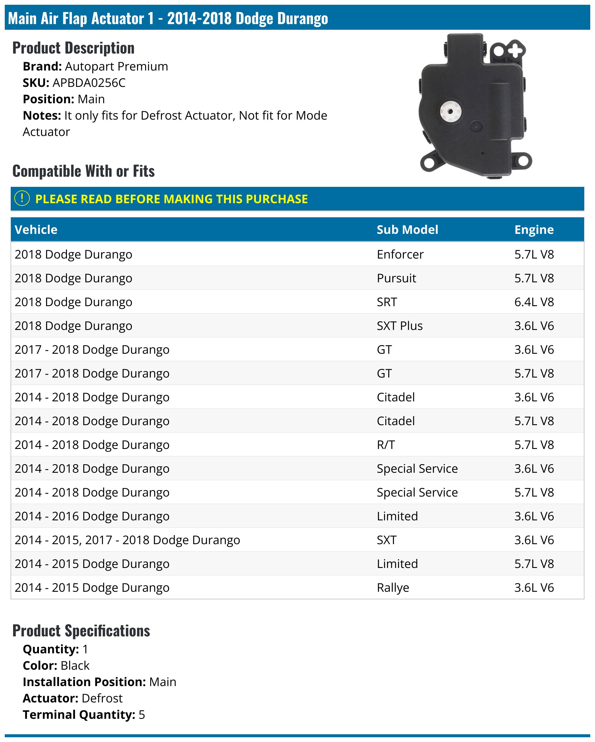 2014-2018 Dodge Durango Air Flap Actuator - Autopart Premium APBDA0256C ...