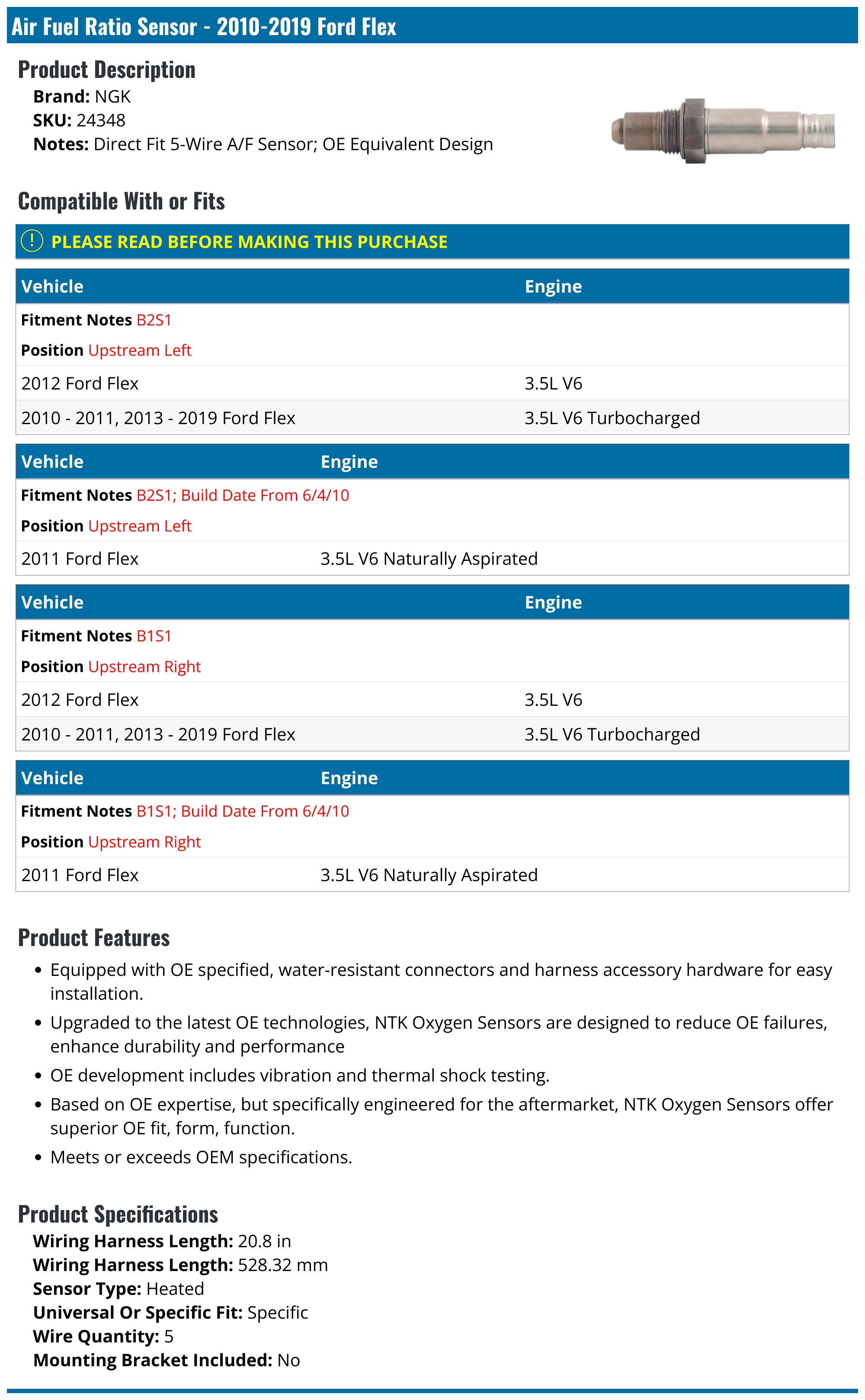 2010-2019 Ford Flex Oxygen Sensor - NGK 24348 - Upstream Right ...