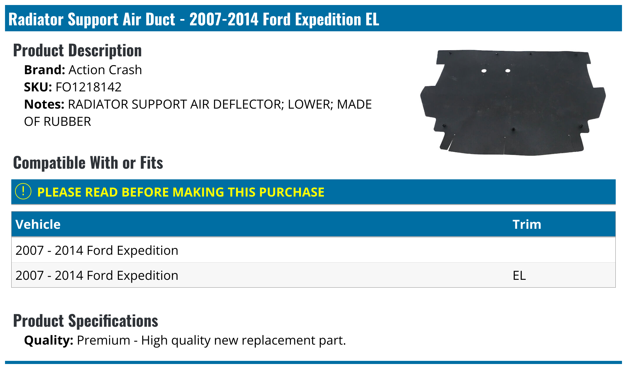 2007-2014 Ford Expedition Radiator Support Air Duct - Action Crash ...