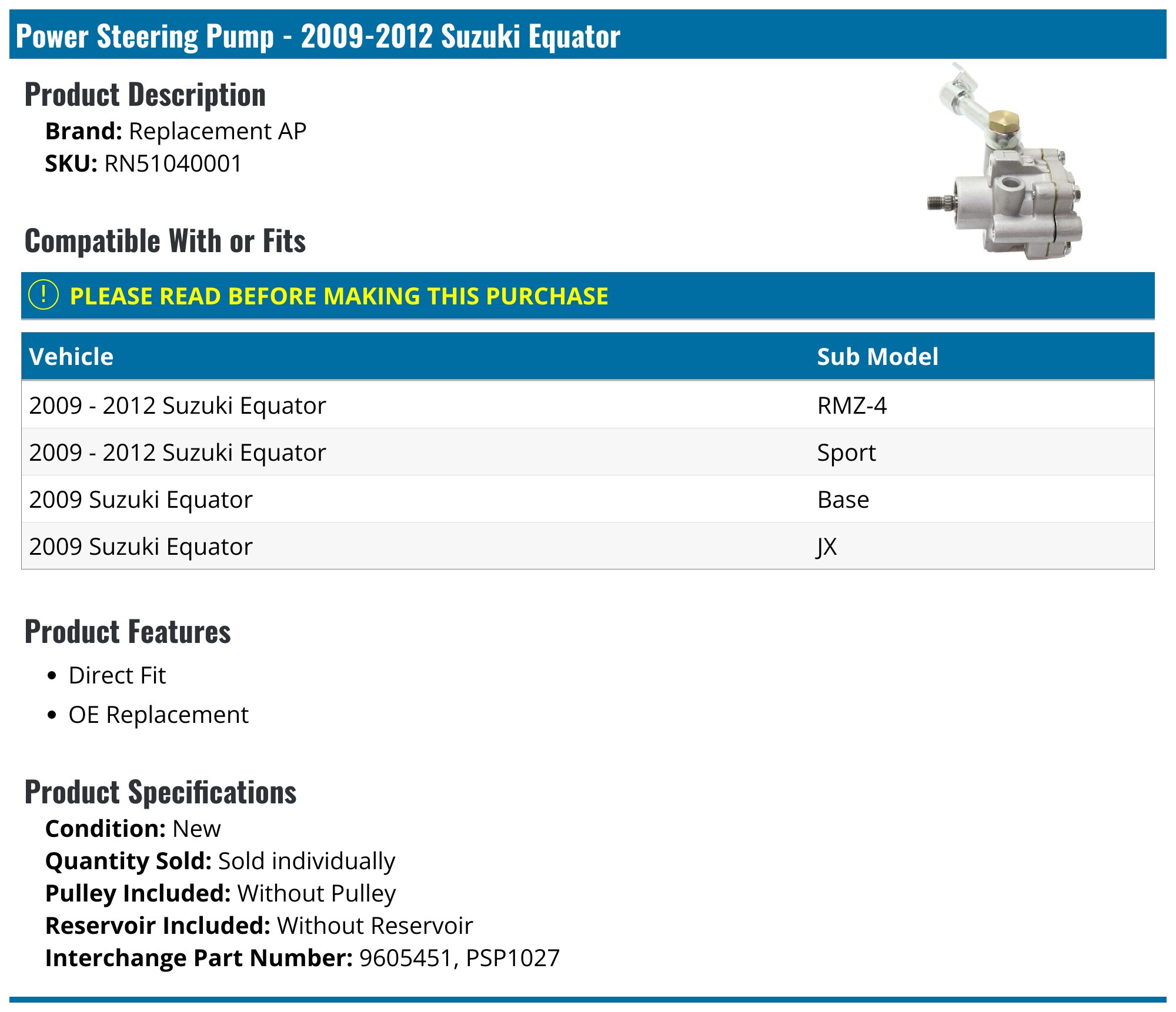 2009-2012 Suzuki Equator Power Steering Pump - Replacement AP ...