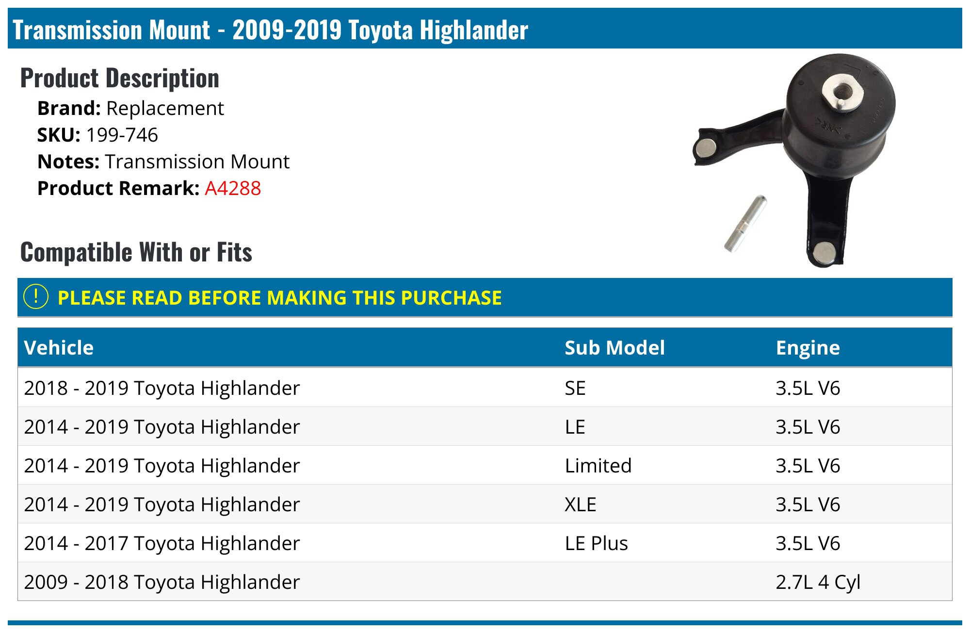 2009-2019 Toyota Highlander Transmission Mount - Replacement 199-746 ...
