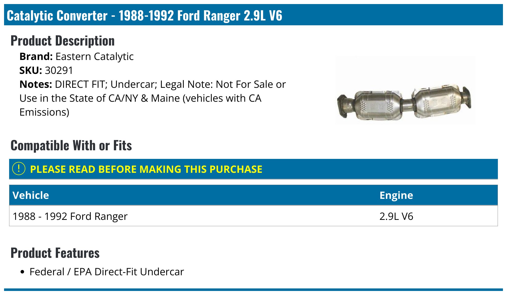 1988-1992 Ford Ranger Catalytic Converter - Eastern Catalytic 30291 ...