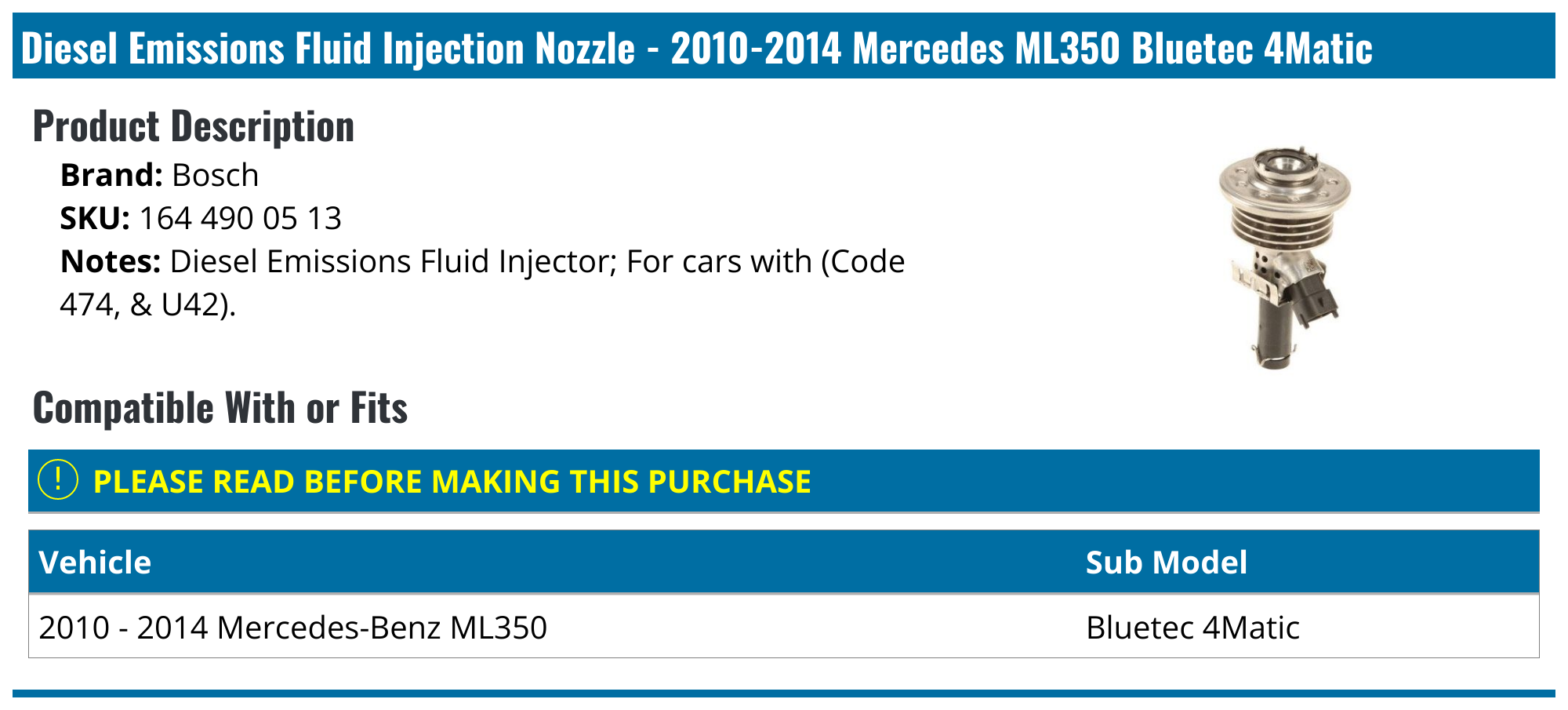 2010-2014 Mercedes ML350 Diesel Emissions Fluid Injection Nozzle ...