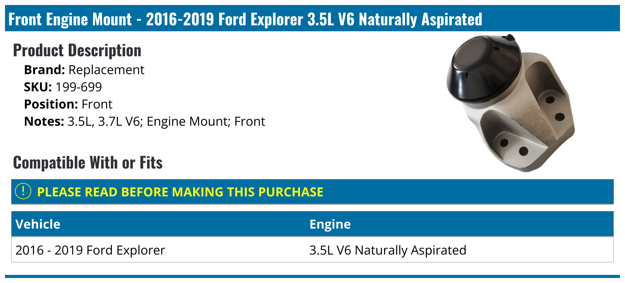 2016-2019 Ford Explorer Engine Mount - Replacement 199-699 - Front ...