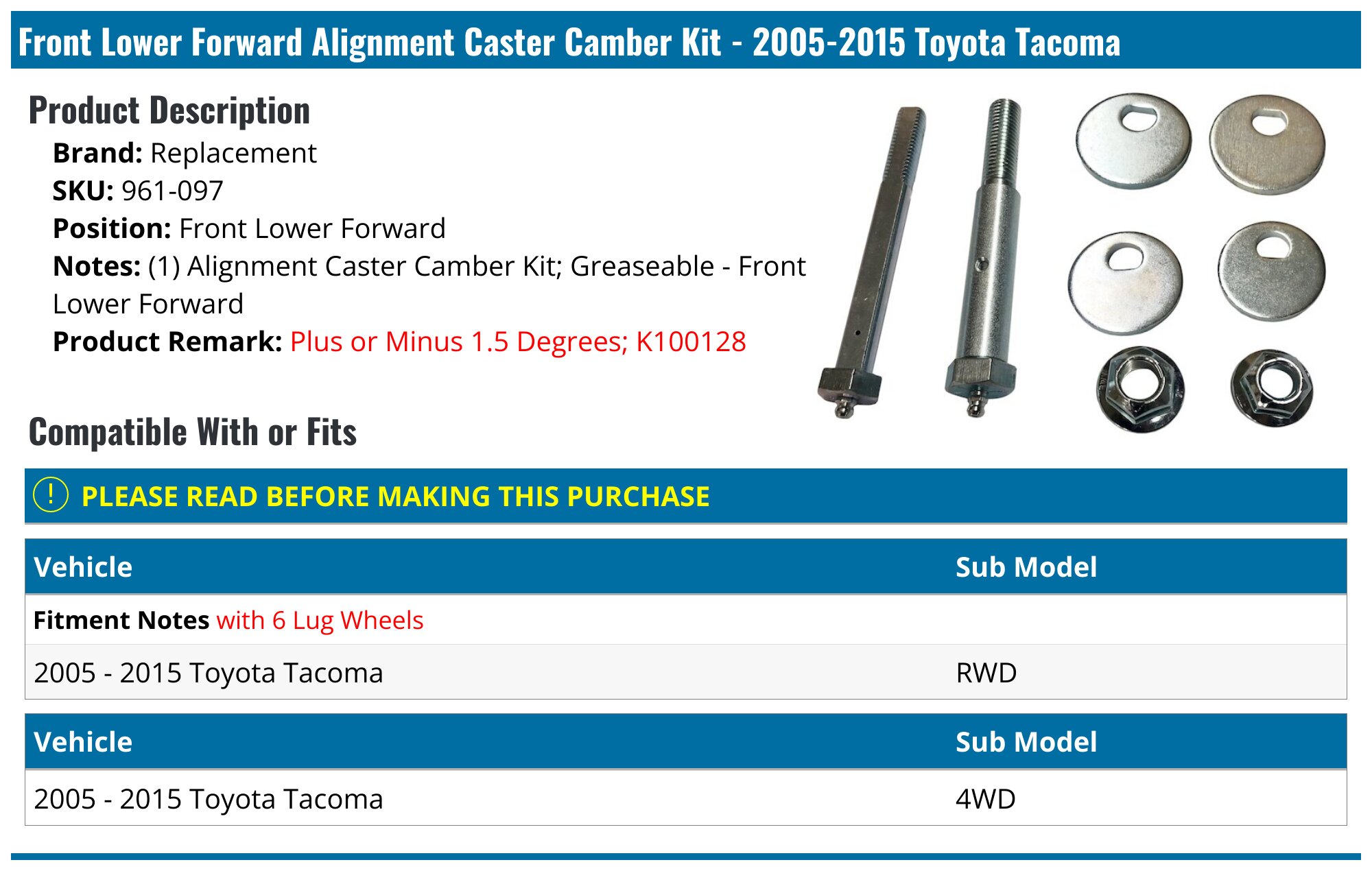 2005-2015 Toyota Tacoma Alignment Caster Camber Kit - Replacement 961 ...