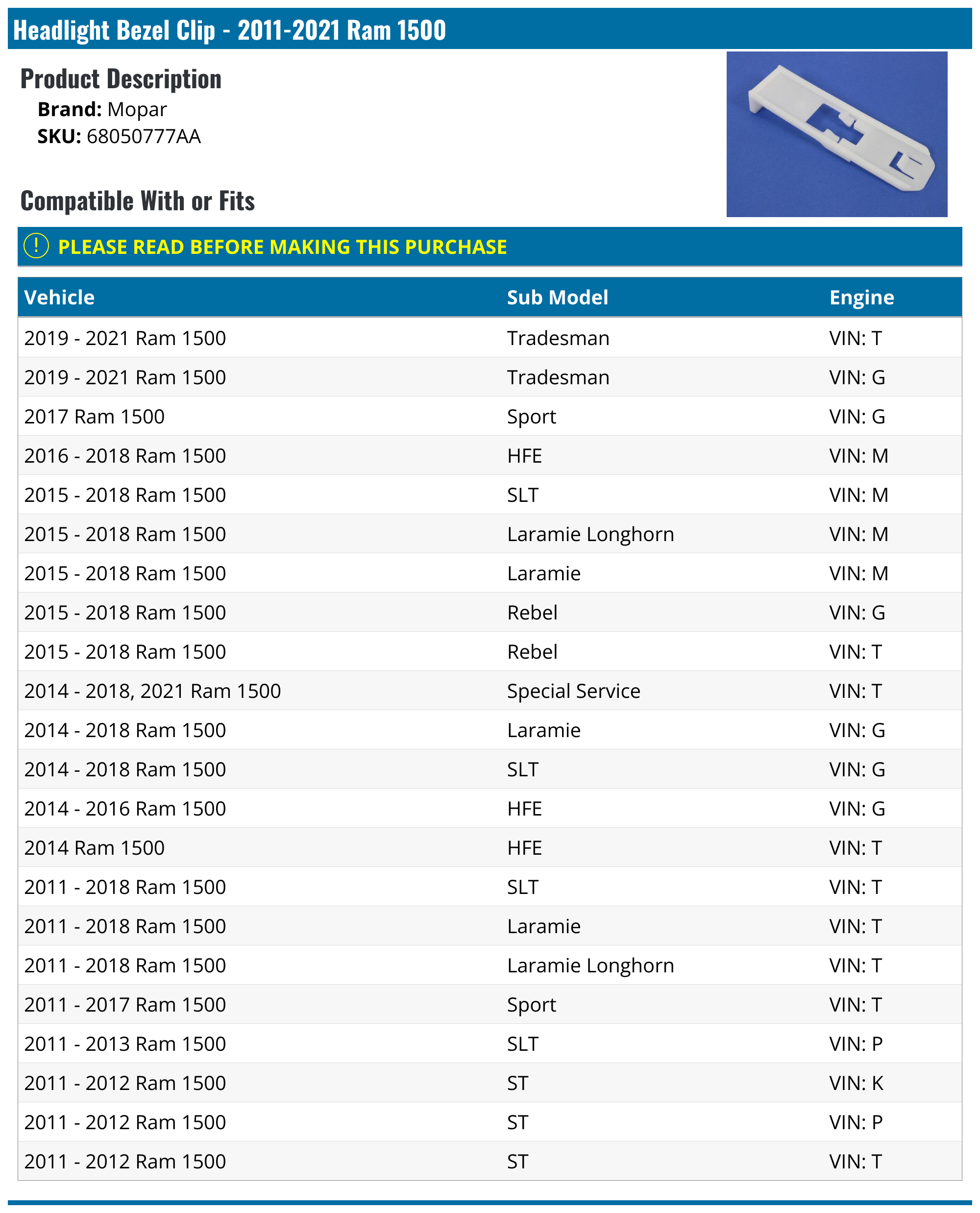 2011-2021 Ram 1500 Headlight Bezel Clip - Mopar 68050777AA - PartsGeek.com