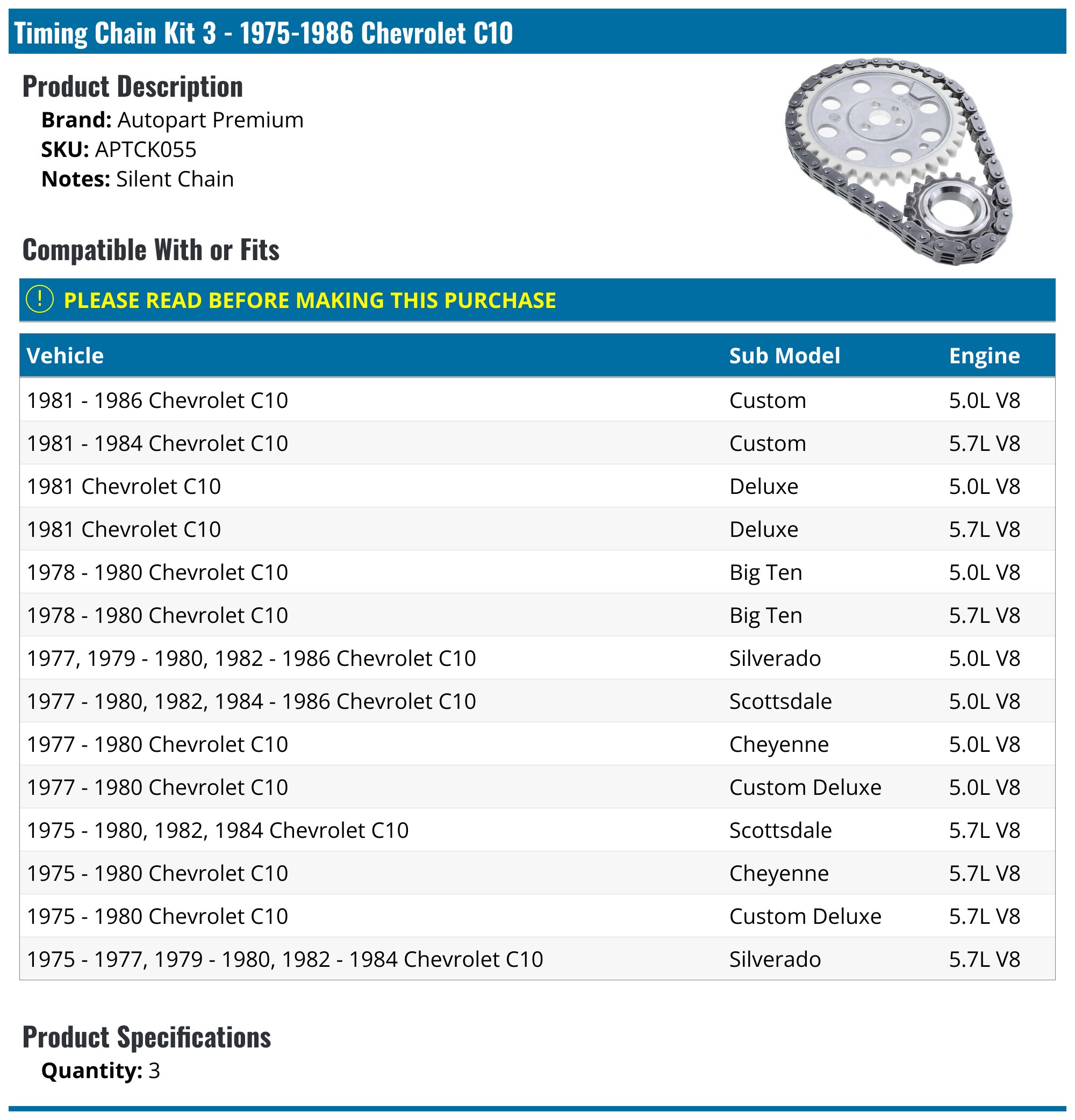 1975-1986 Chevrolet C10 Timing Chain - Autopart Premium APTCK055 ...
