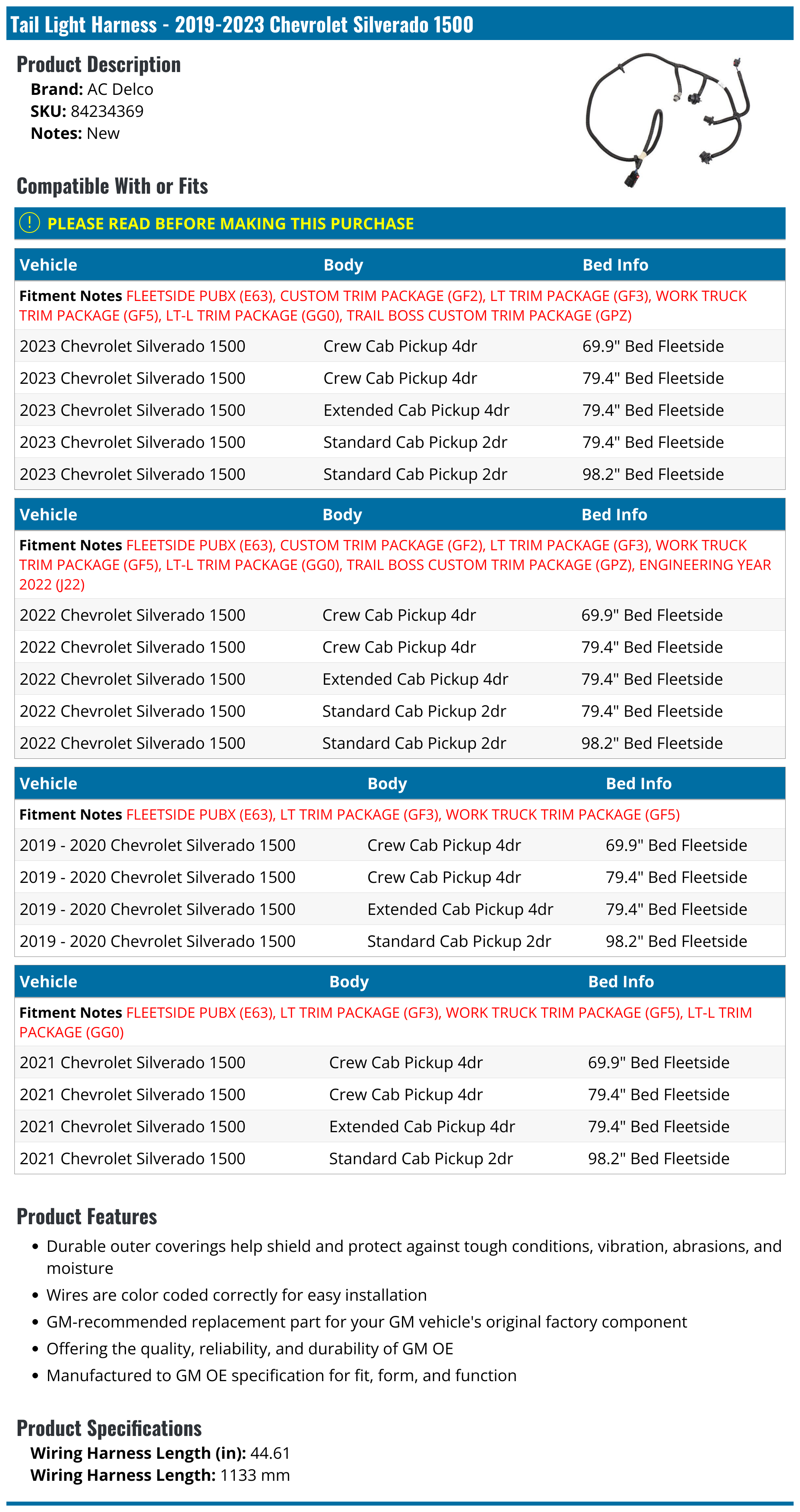 2019-2025 Chevrolet Silverado 1500 Tail Light Harness - AC Delco ...