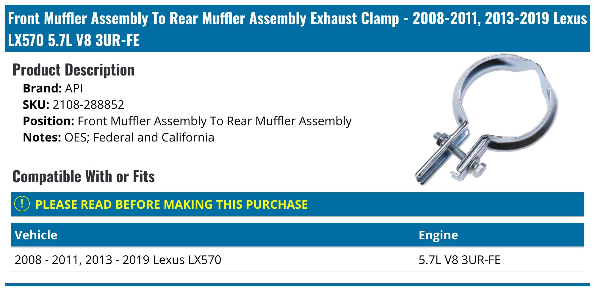 2008-2011, 2013-2021 Lexus LX570 Exhaust Clamp - API 29068-07715137 ...