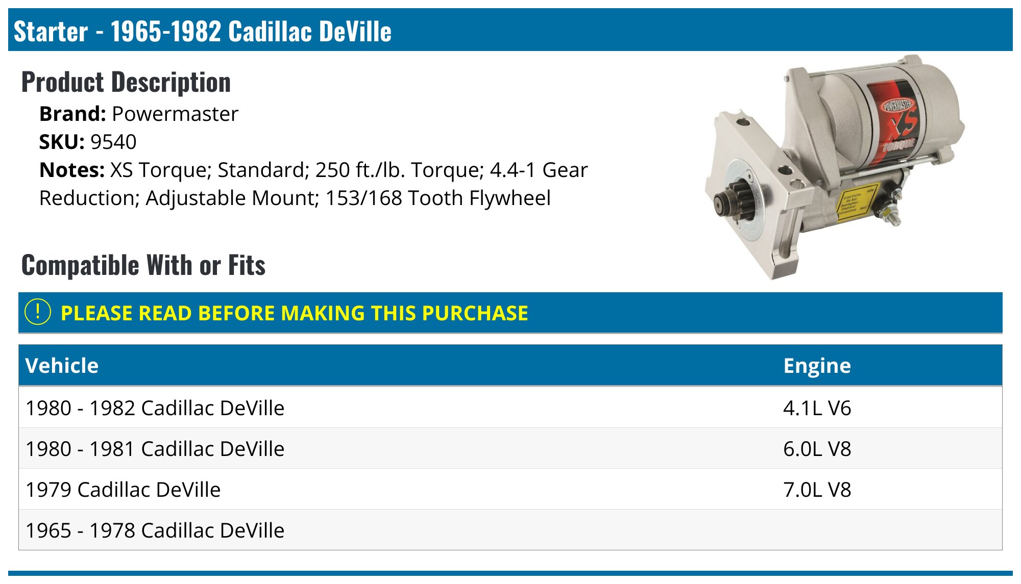 1965-1982 Cadillac DeVille Starter - Powermaster 9540 - - PartsGeek.com
