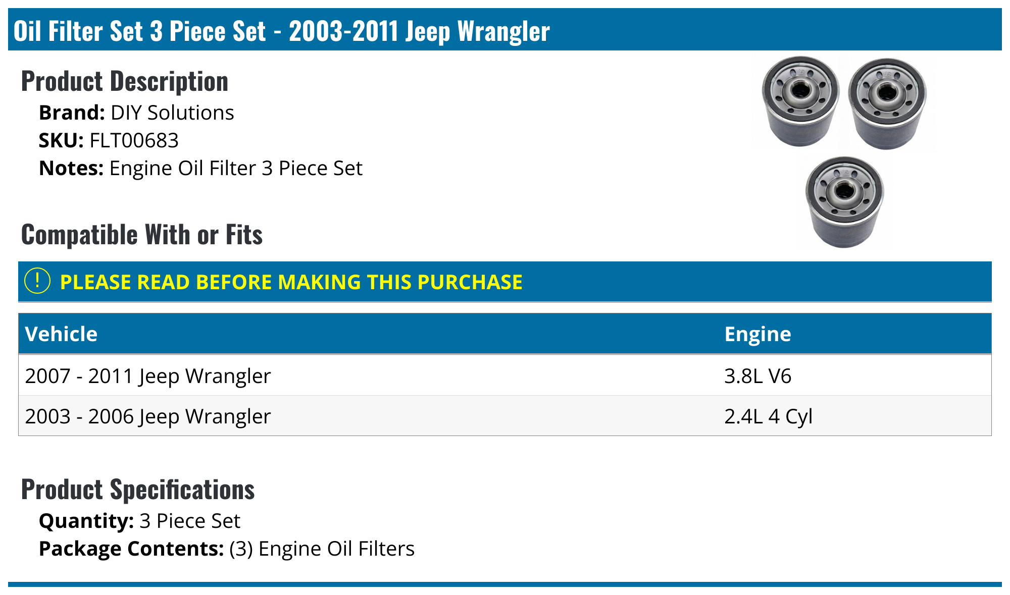 1991-1995, 1997-2011 Jeep Wrangler Oil Filter - DIY Solutions FLT00683 ...
