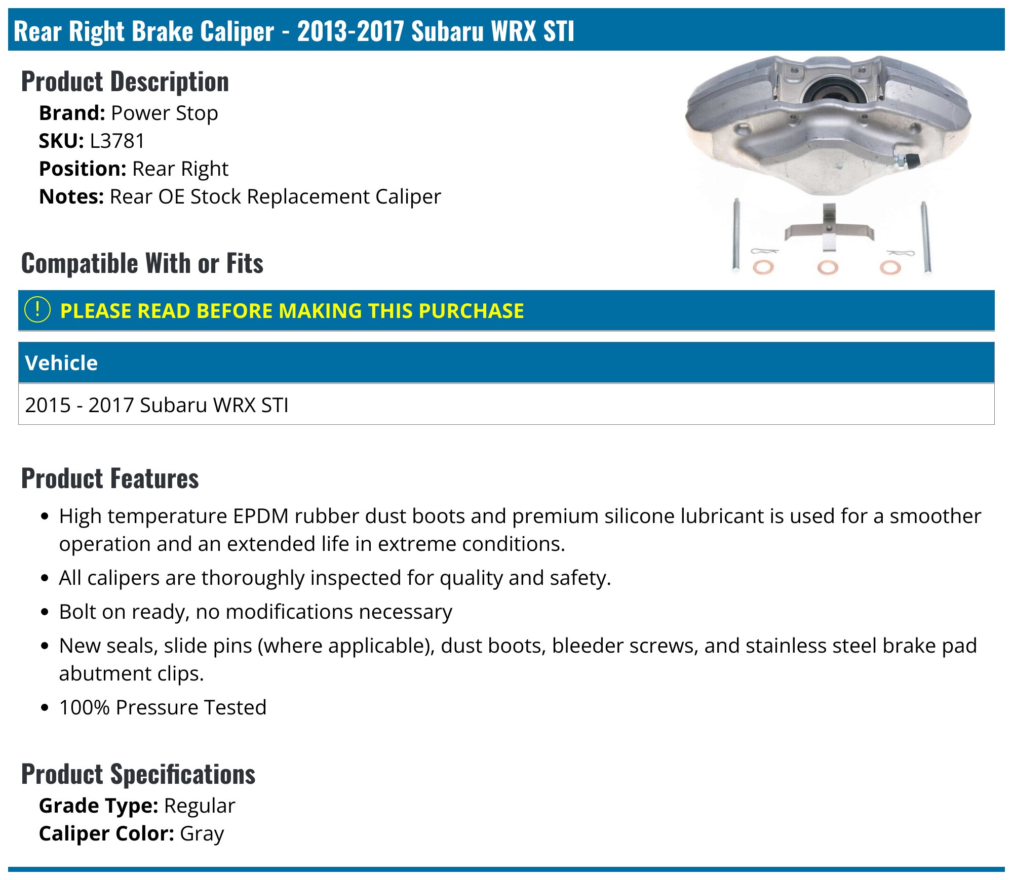 2013-2017 Subaru WRX STI Brake Caliper - Power Stop L3781 - Rear Right ...