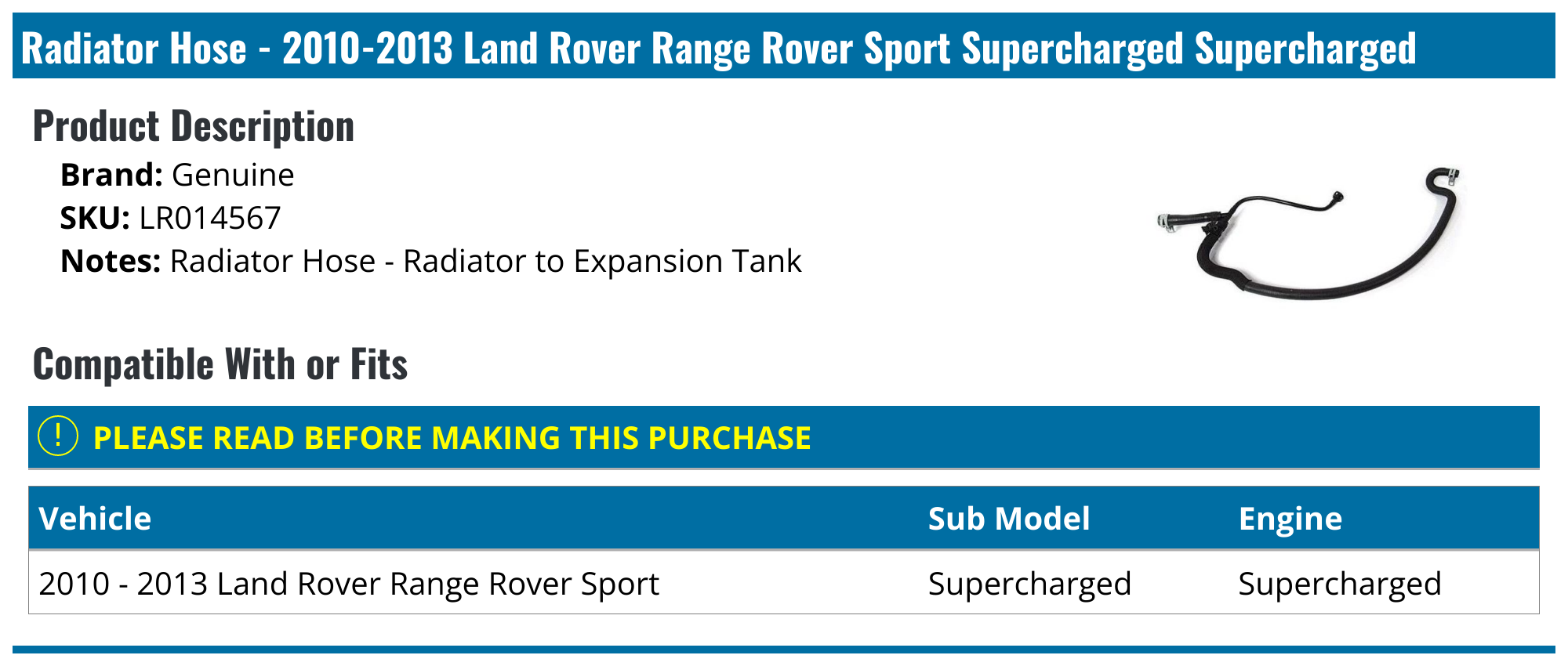2010-2013 Land Rover Range Rover Sport Radiator Hose - Genuine LR014567 ...