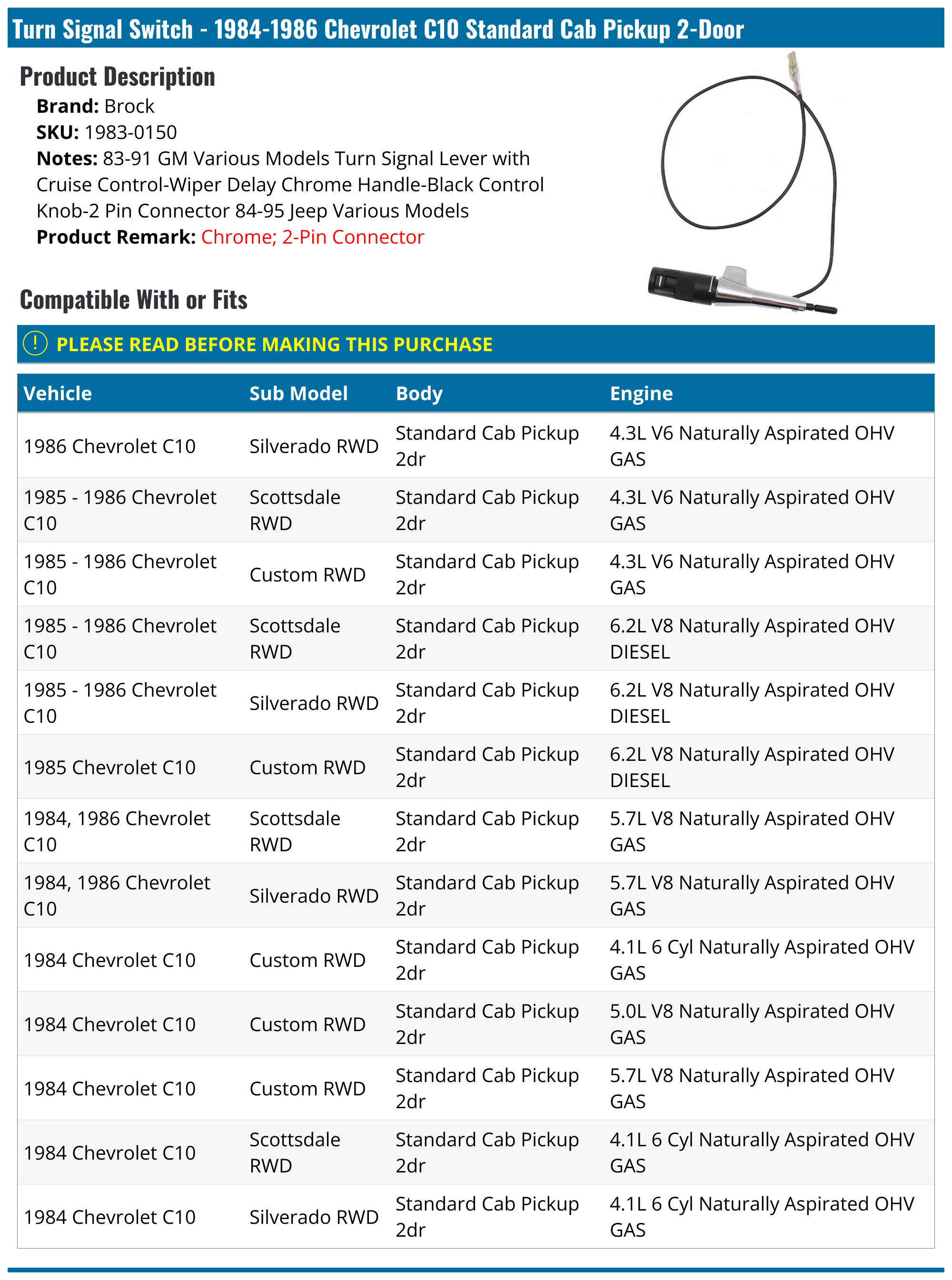 1984-1986 Chevrolet C10 Turn Signal Switch - Brock 1983-0150 ...