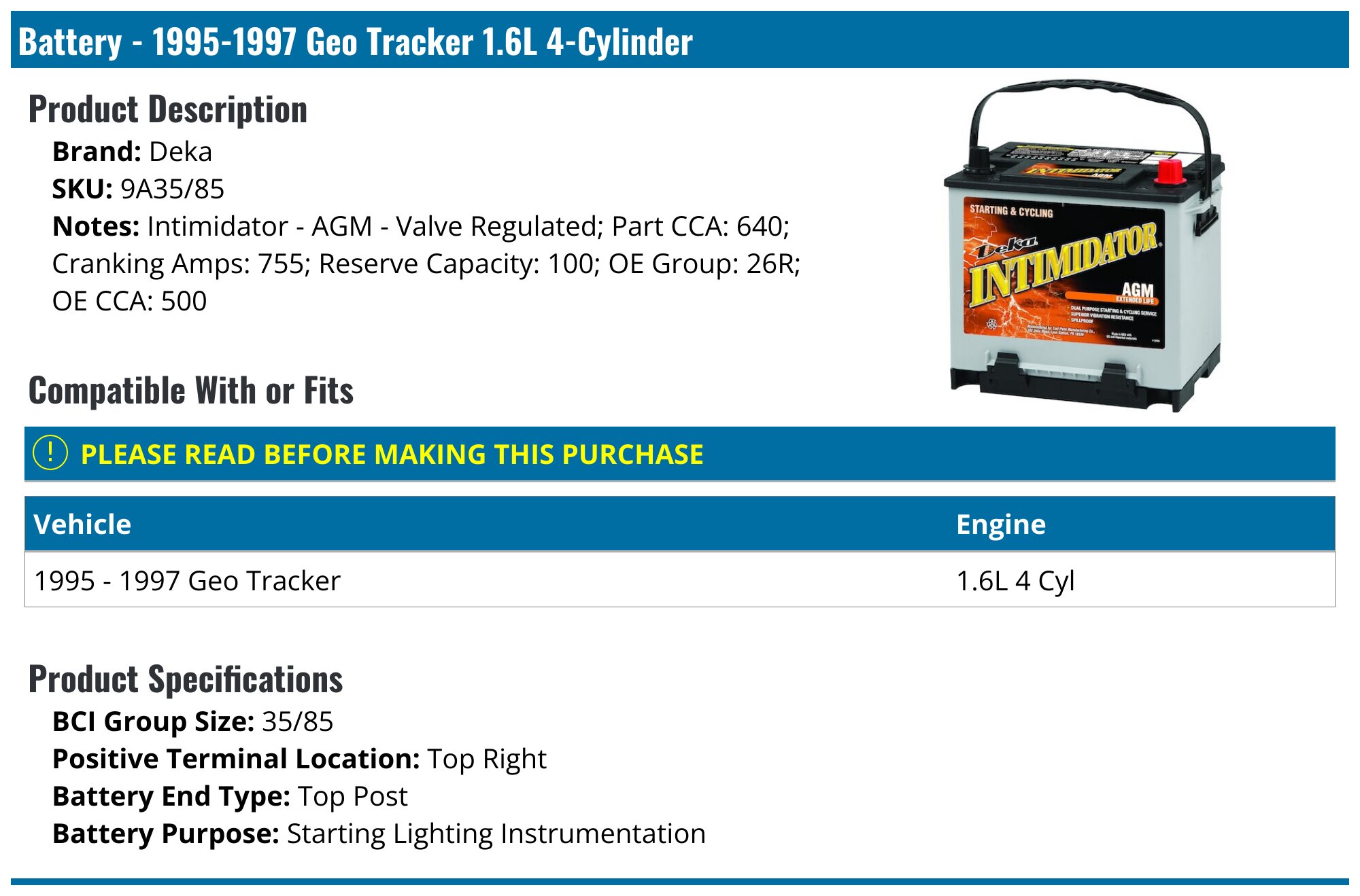 1995-1997 Geo Tracker Battery - Deka 9A35/85 - PartsGeek.com