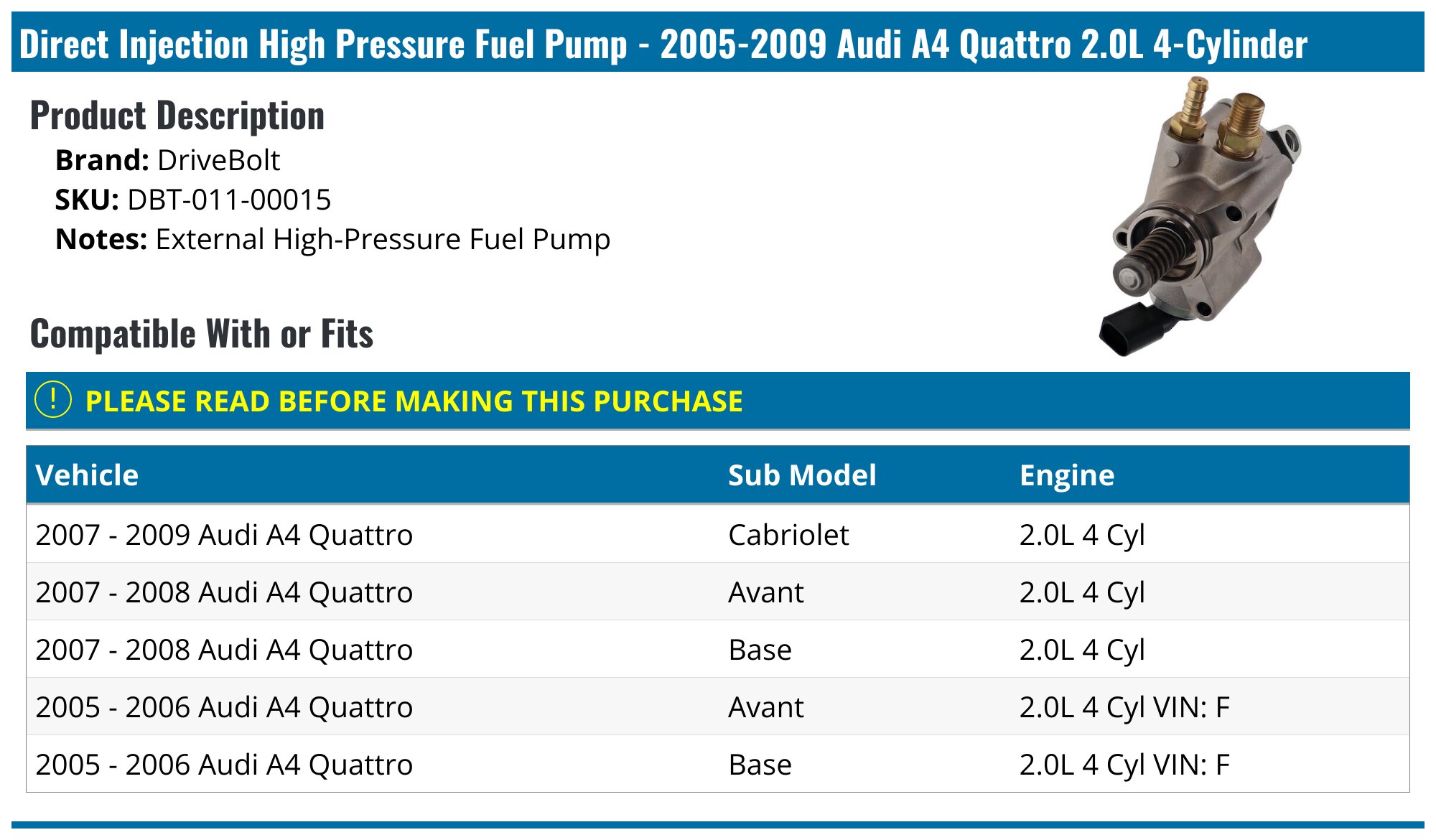 2005-2009 Audi A4 Quattro Fuel Pump - DriveBolt DBT-011-00015 ...