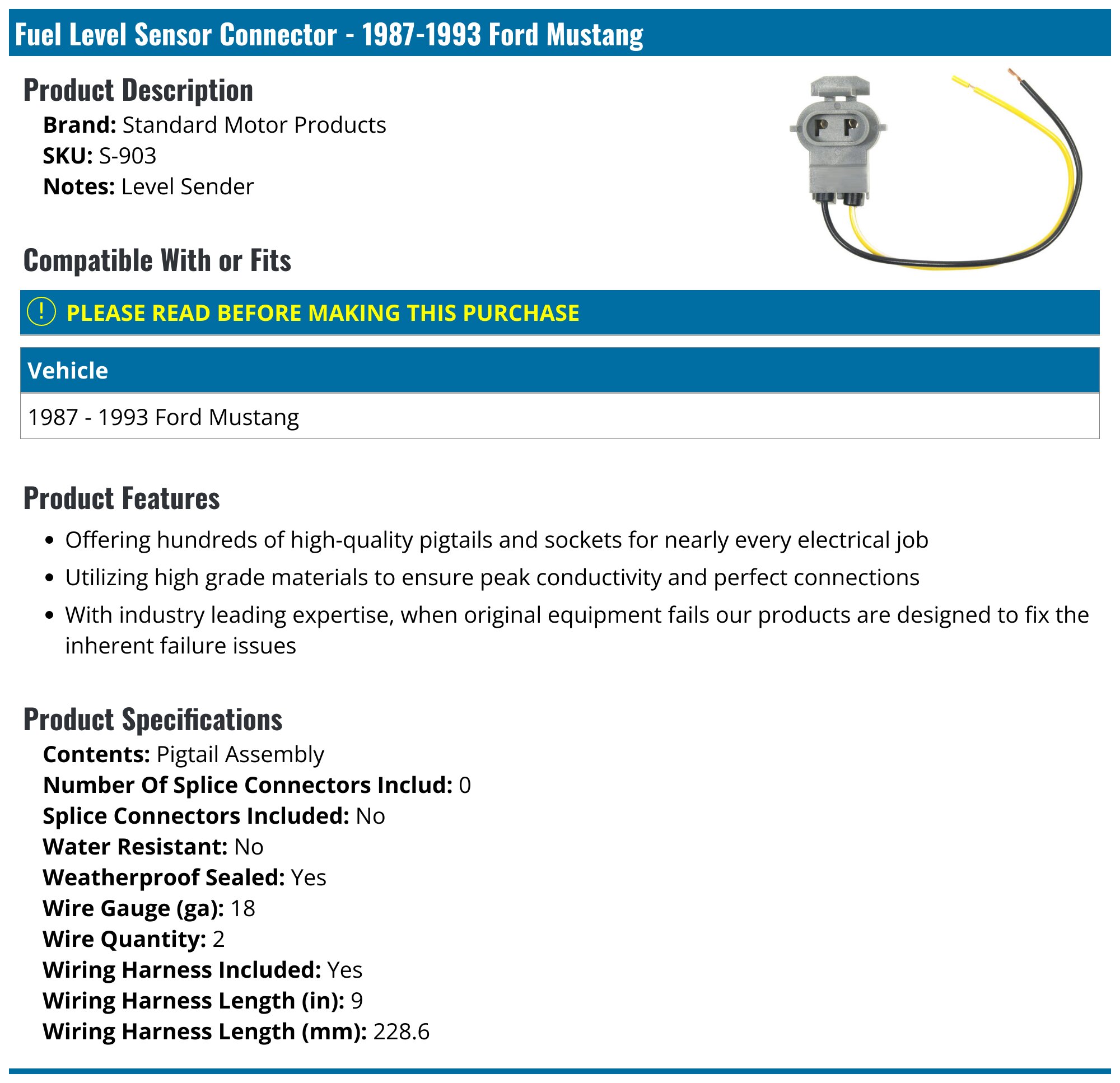 1987-1993 Ford Mustang Fuel Level Sensor Connector - Standard Motor ...
