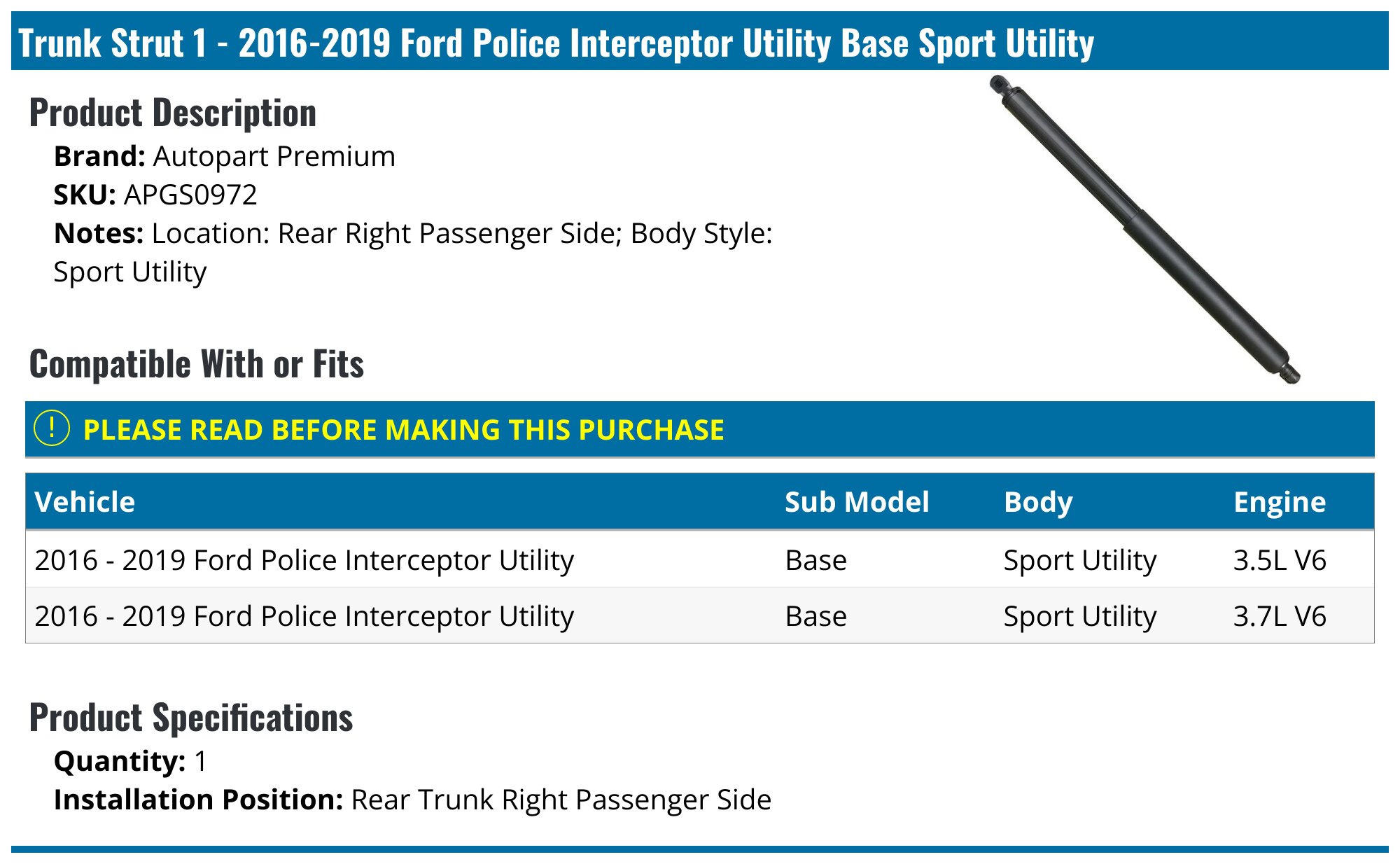 2016-2019 Ford Police Interceptor Utility Trunk Strut - Autopart ...