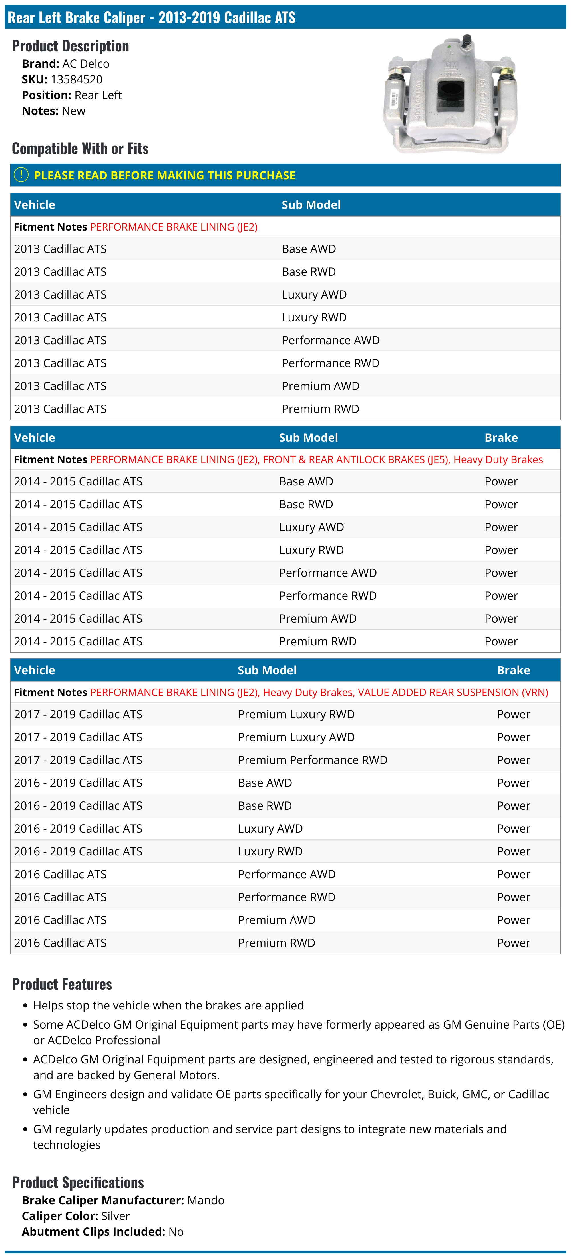 2013-2019 Cadillac ATS Brake Caliper - AC Delco 13584520 - Rear Left ...