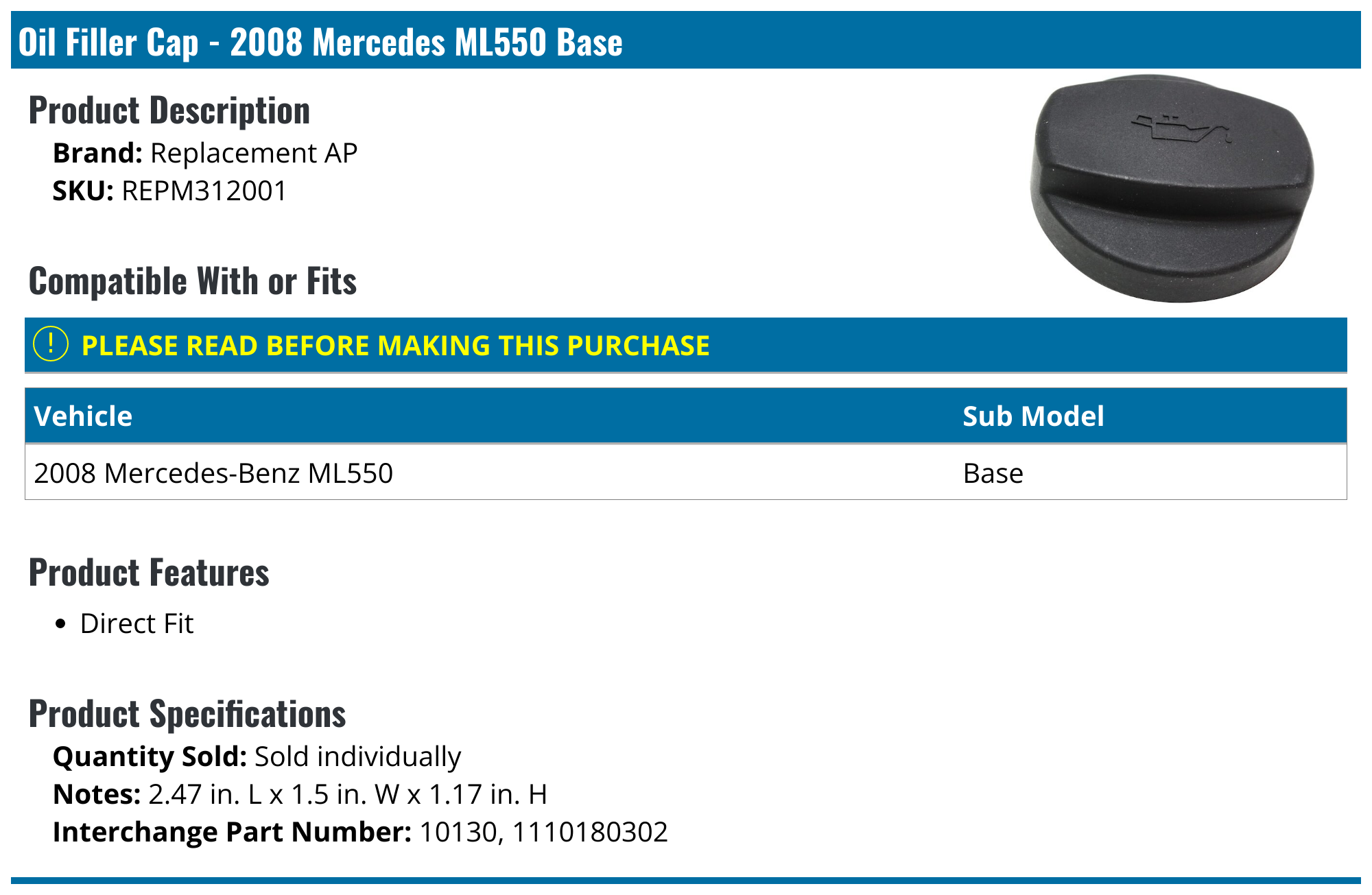 2008-2014 Mercedes ML550 Oil Filler Cap - Replacement AP REPM312001 ...