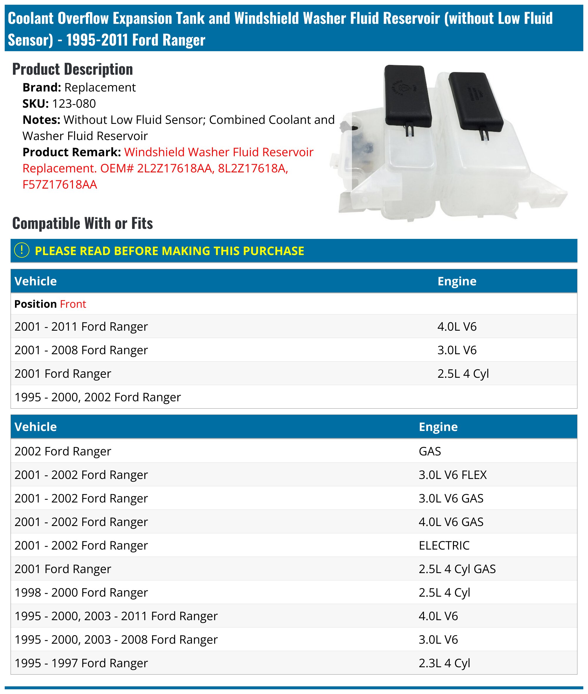 1995-2011 Ford Ranger Windshield Washer Tank - Replacement 123-080 ...