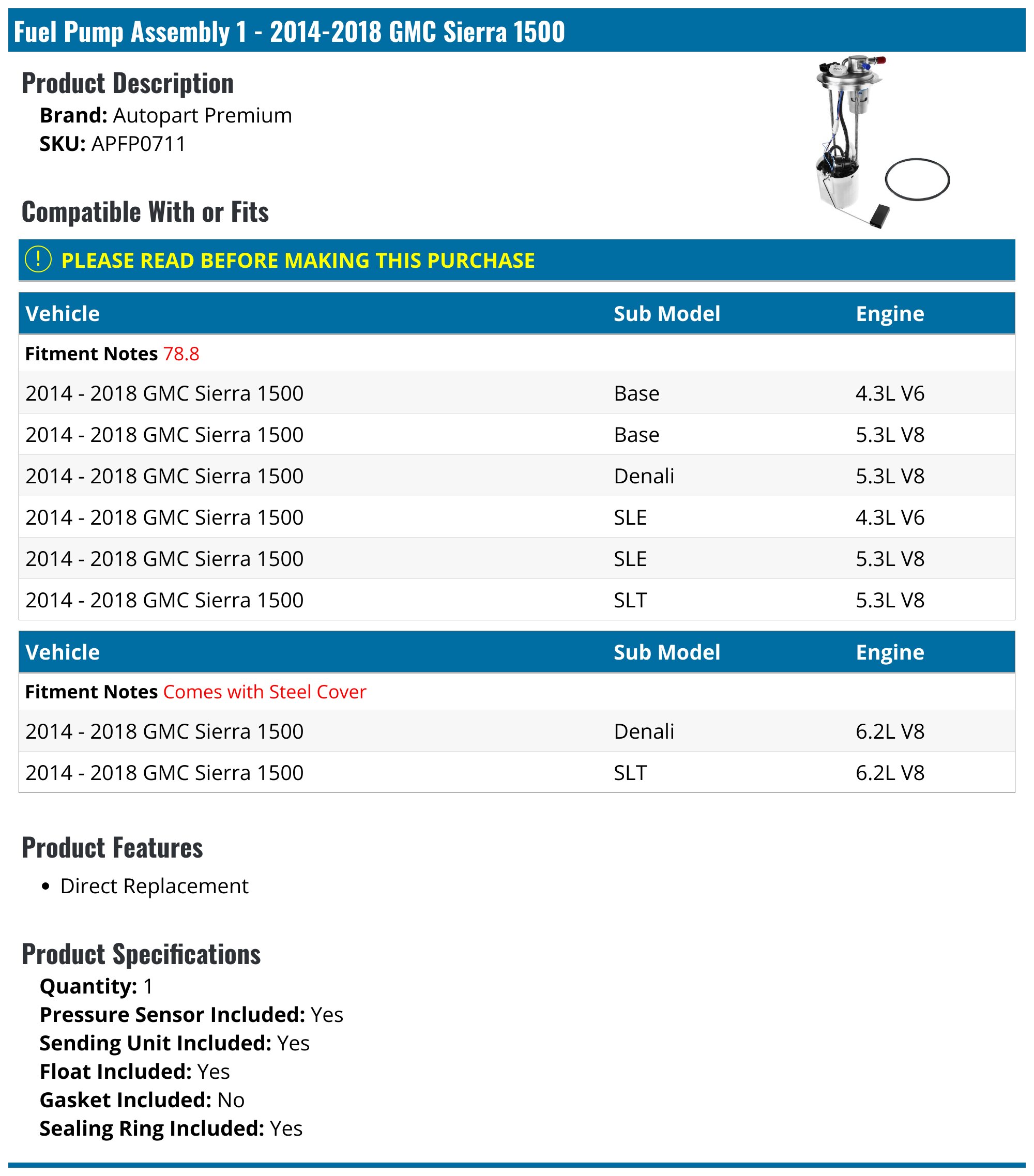 2014-2018 GMC Sierra 1500 Fuel Pump - Autopart Premium APFP0711 ...