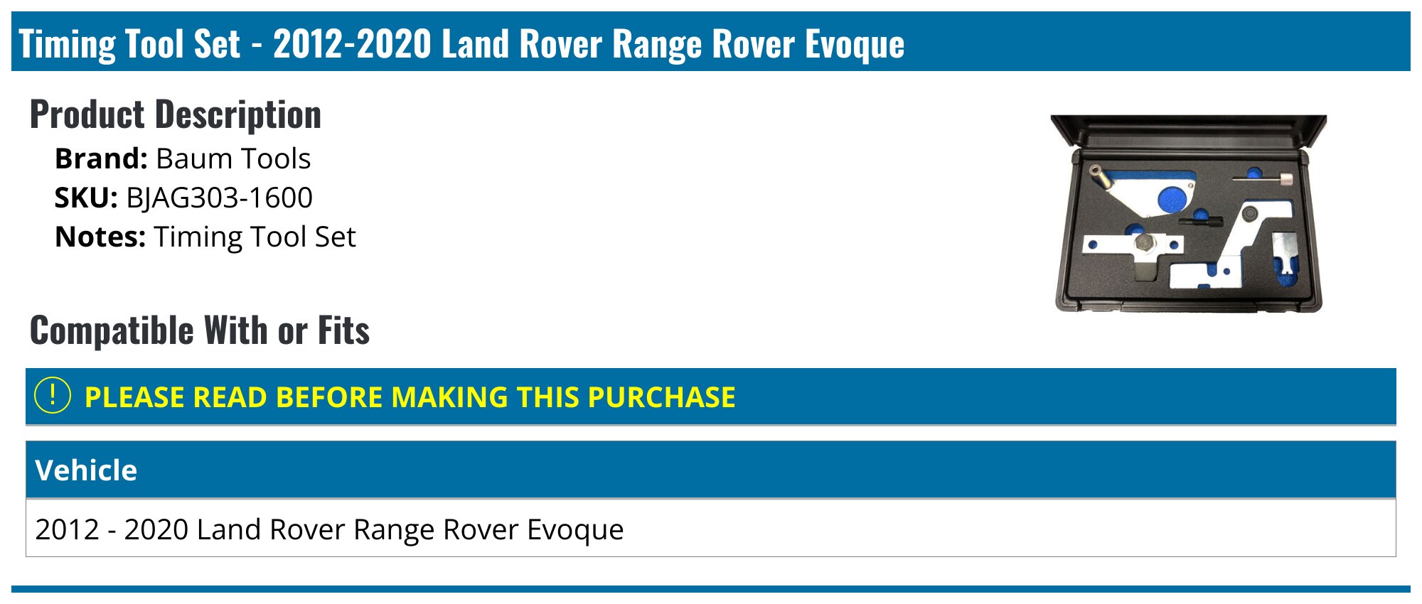 2012-2017 Land Rover Range Rover Evoque Timing Tool Set - Baum Tools ...