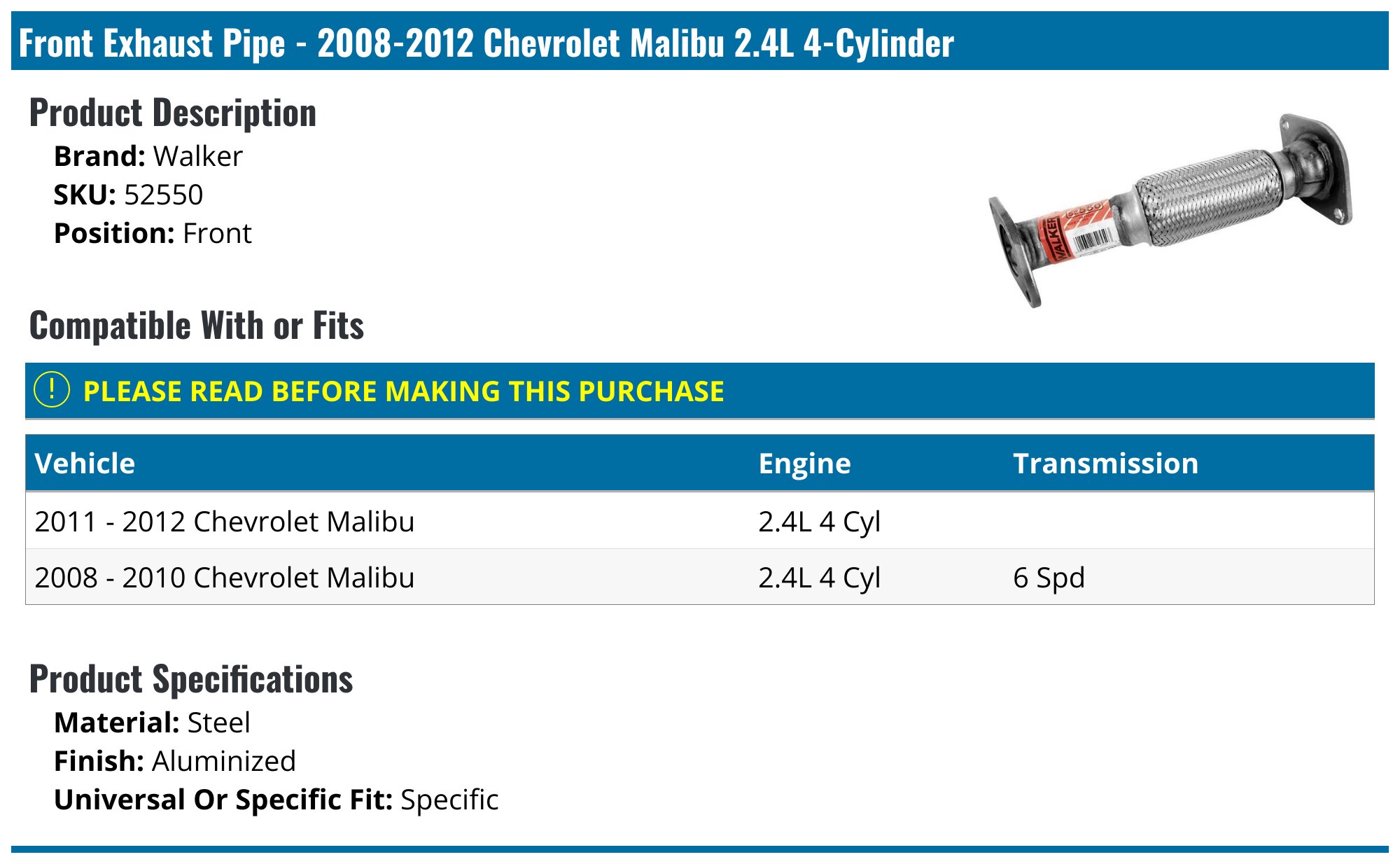 2008-2012 Chevrolet Malibu Exhaust Pipe - Walker 52550 - Front ...