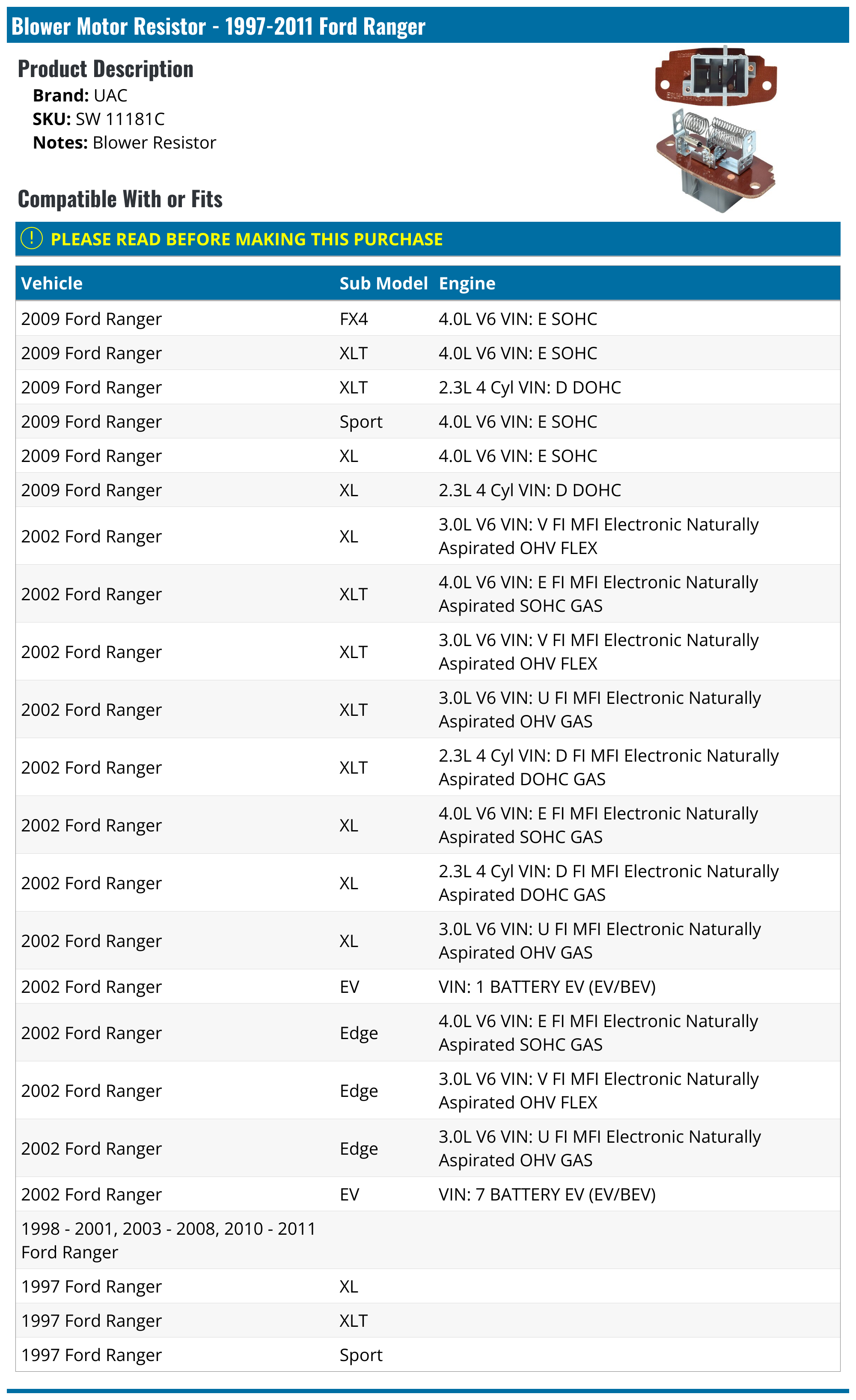 1997-2000, 2002-2011 Ford Ranger Blower Motor Resistor - UAC SW 11181C ...
