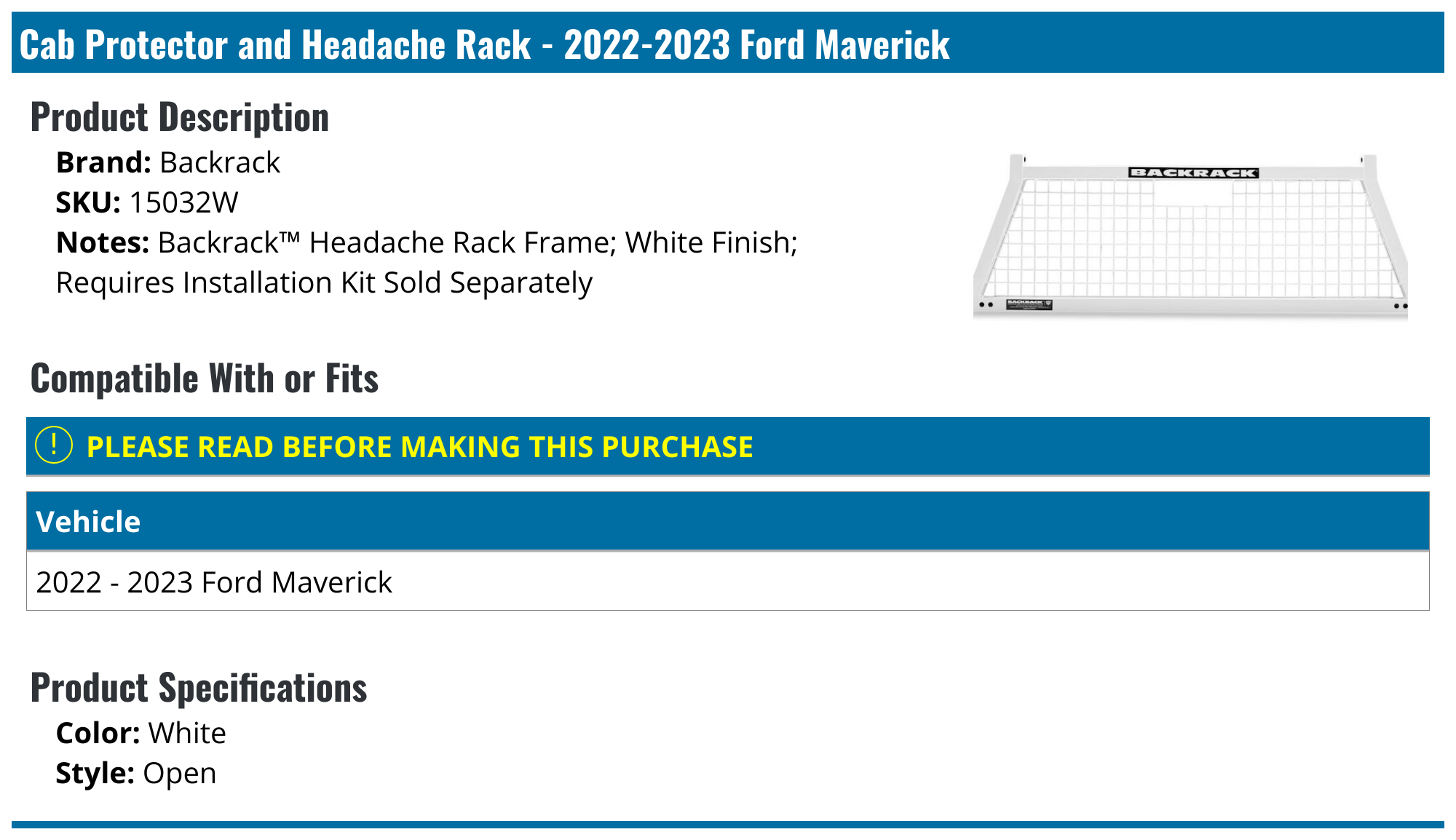 2022-2025 Ford Maverick Cab Protector and Headache Rack - Backrack ...