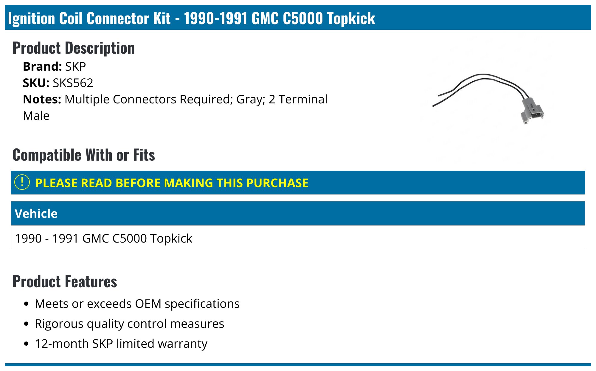 1990-1991 GMC C5000 Topkick Ignition Coil - SKP SKS562 - PartsGeek.com