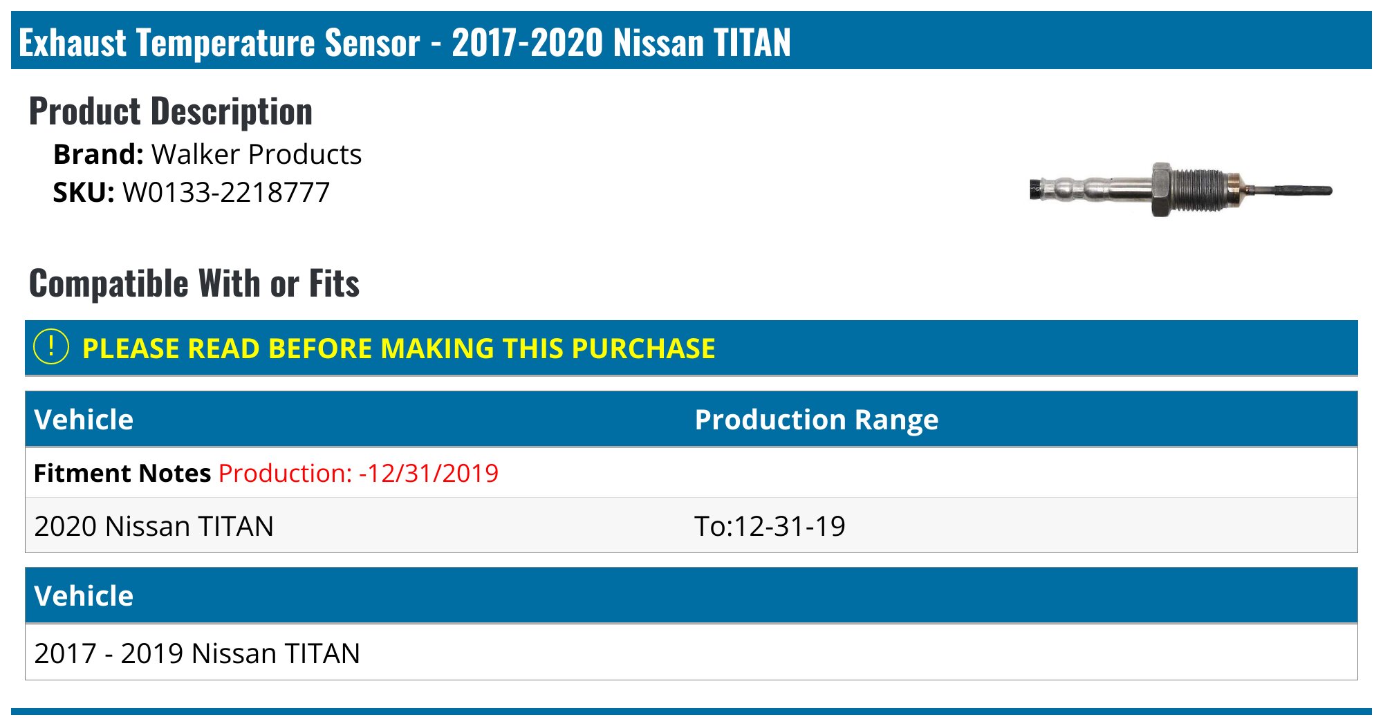 2017-2024 Nissan Titan Exhaust Temperature Sensor - Walker Products ...