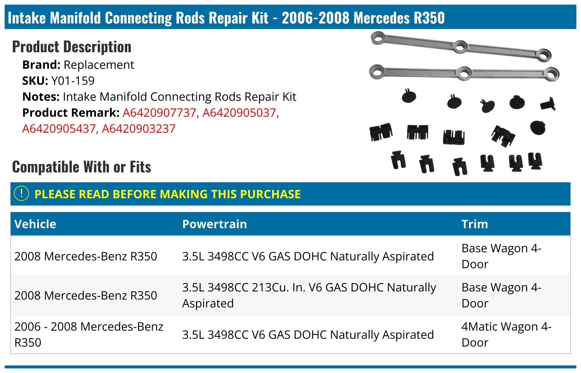 2006-2008 Mercedes R350 Intake Manifold Connecting Rods Repair Kit ...