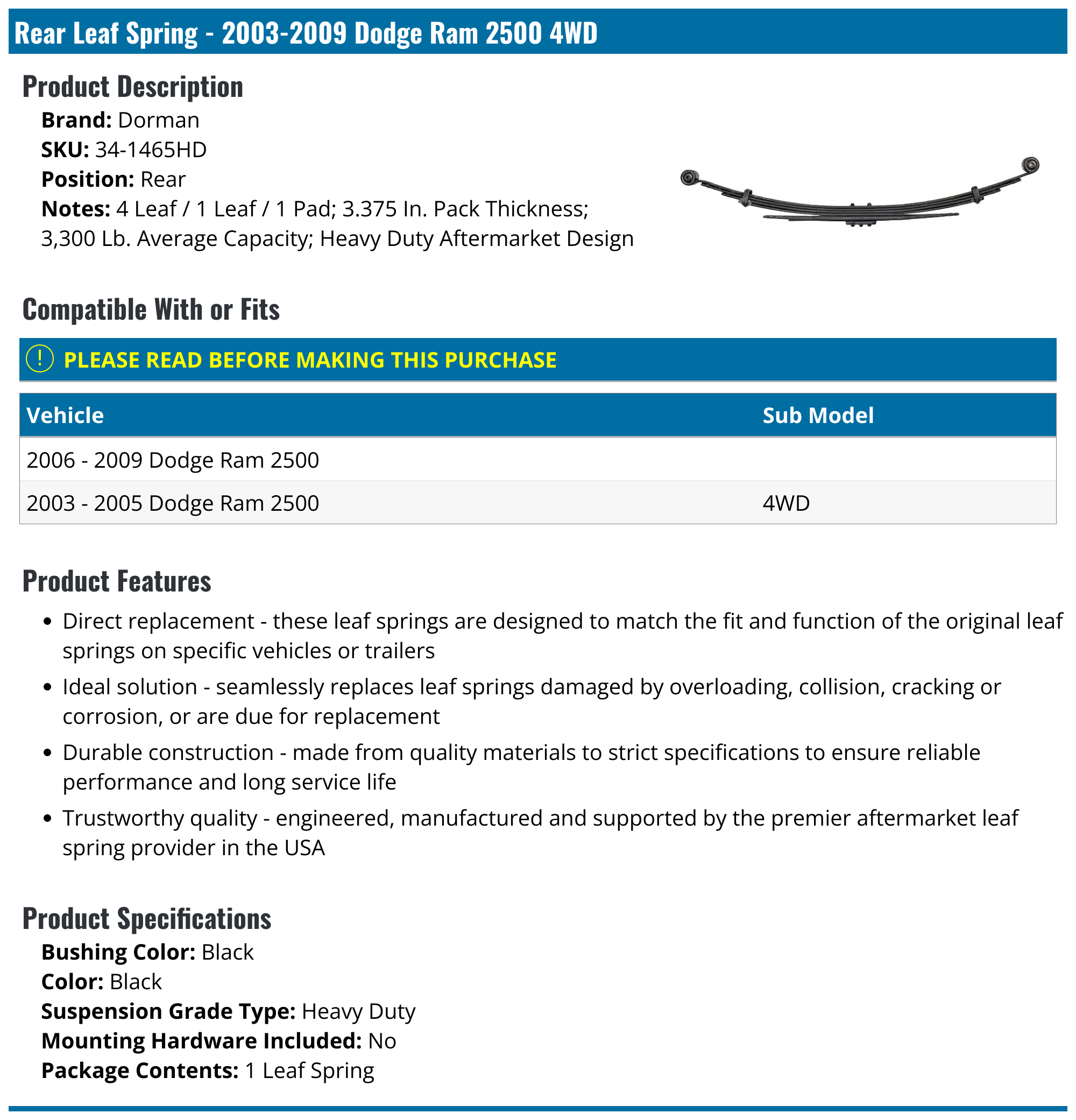 2003-2009 Dodge Ram 2500 Leaf Spring - Dorman 34-1465HD - Rear ...