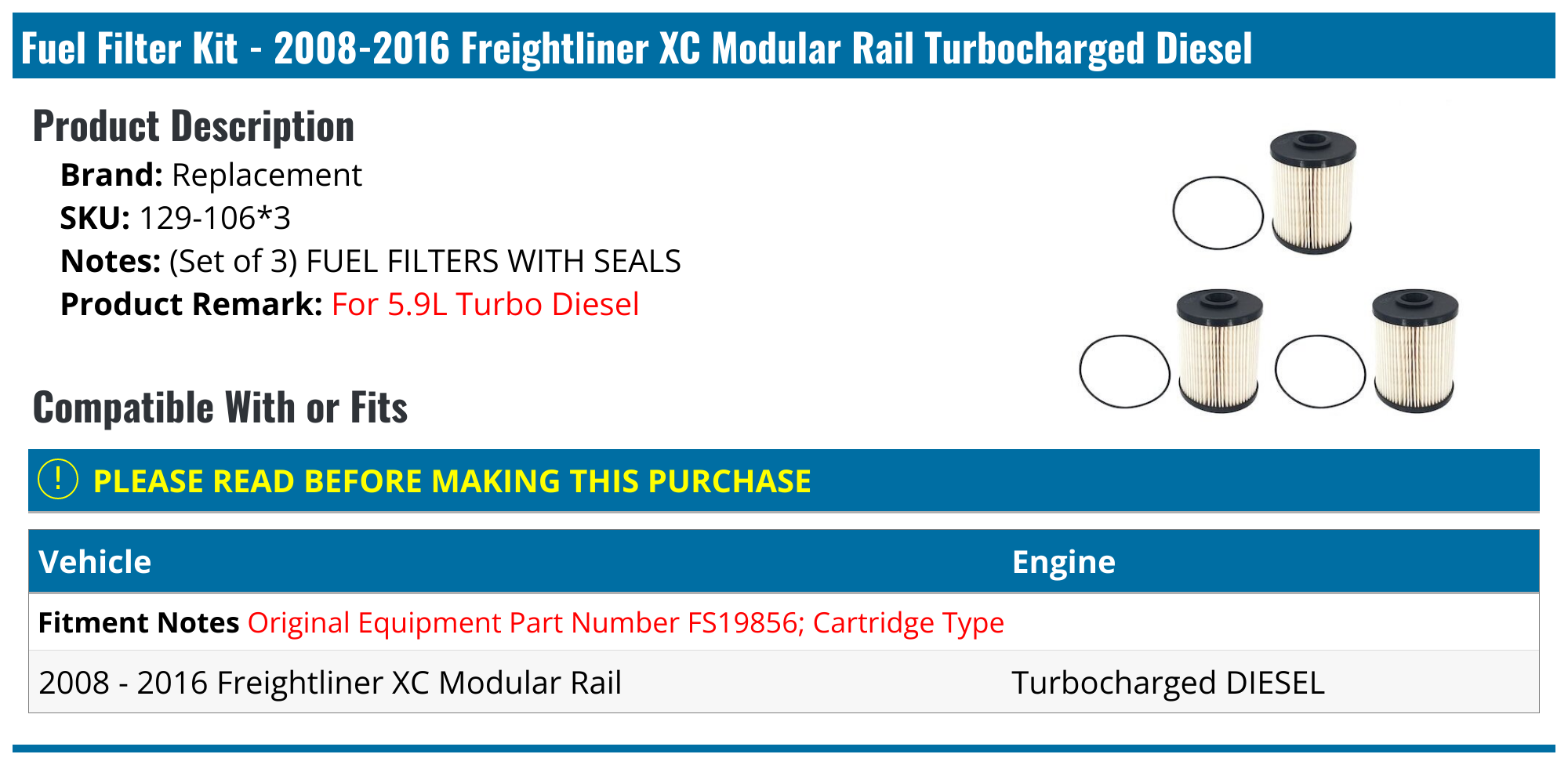 2008-2016 Freightliner XC Modular Rail Fuel Filter - Replacement 129 ...