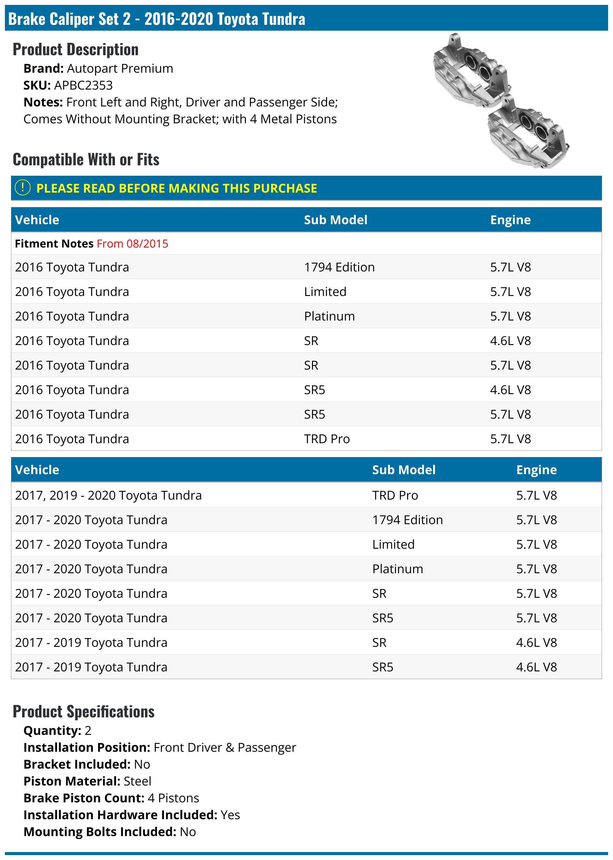2016-2020 Toyota Tundra Brake Caliper - Autopart Premium APBC2353 ...
