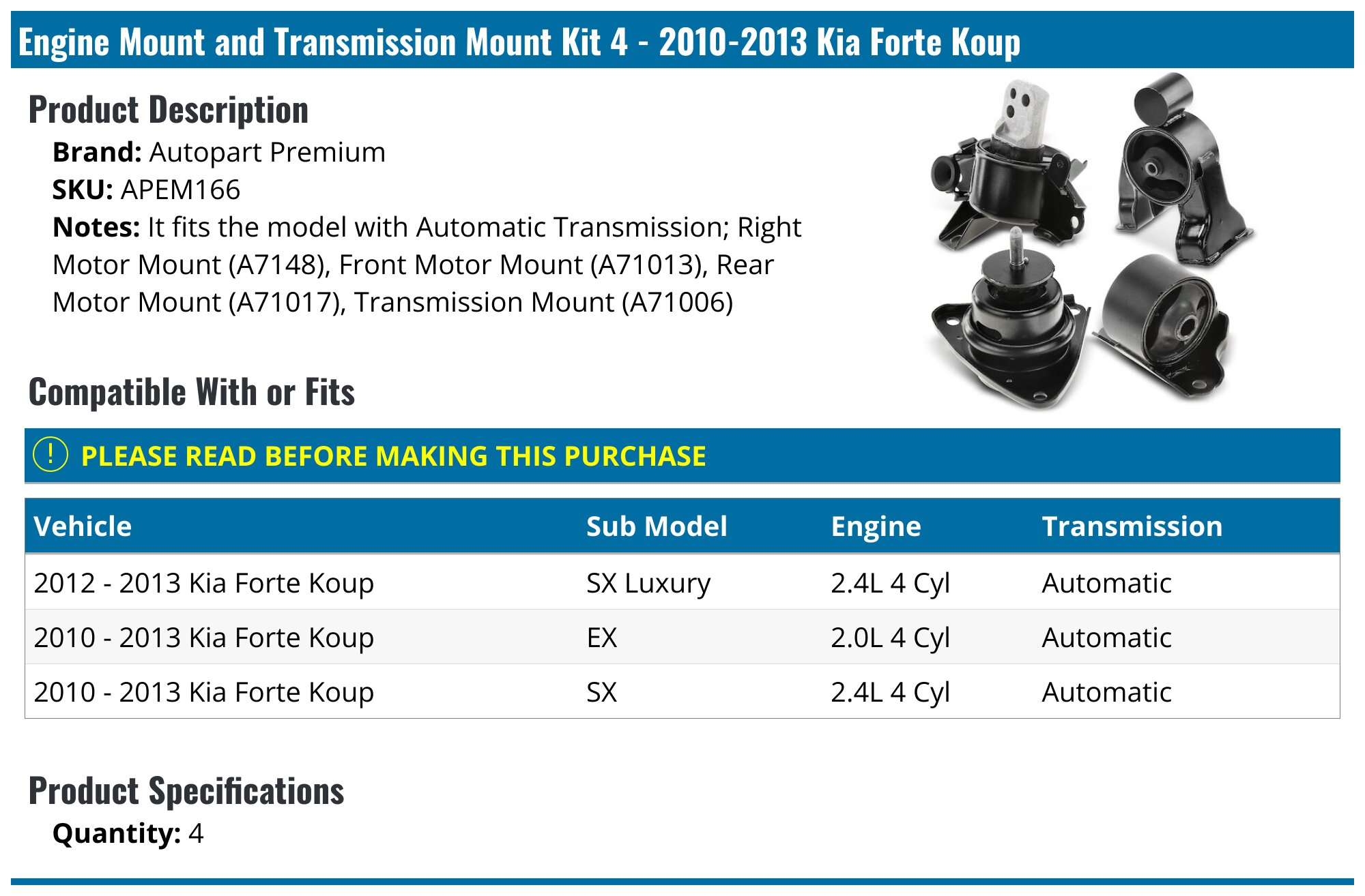 2010-2013 Kia Forte Koup Engine Mount - Autopart Premium APEM166 ...
