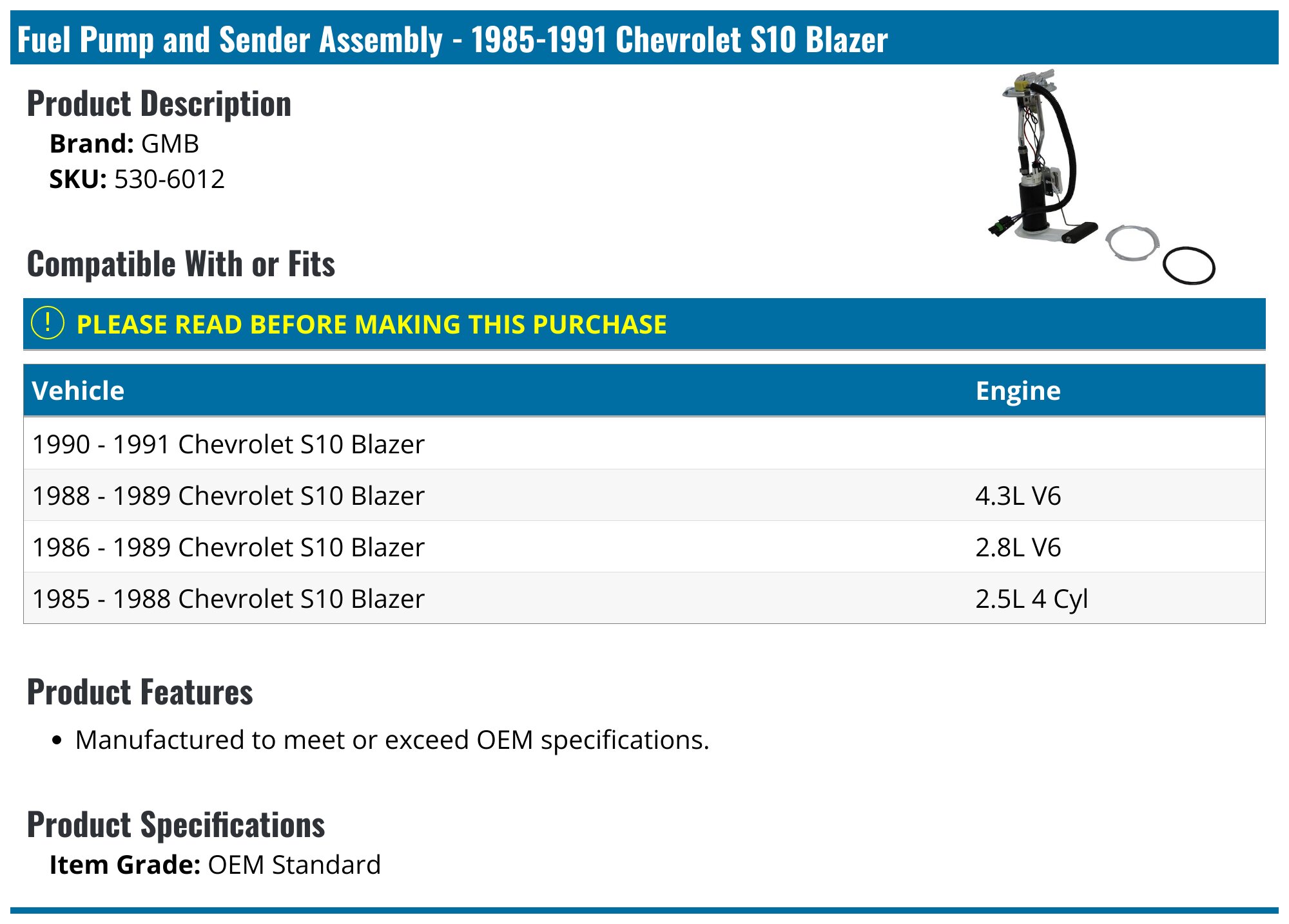 1985-1991 Chevrolet S10 Blazer Fuel Pump - GMB 530-6012 - PartsGeek.com