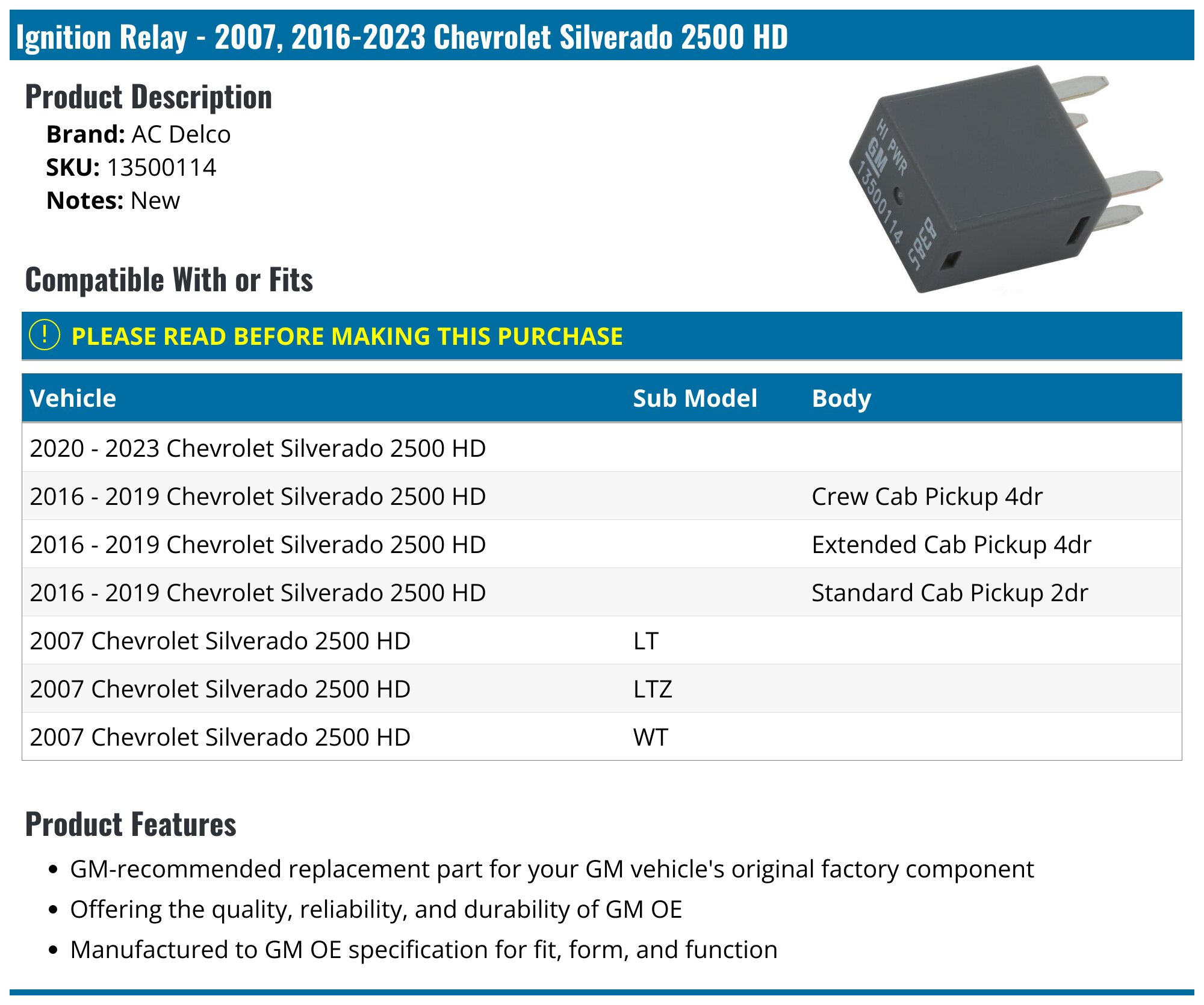 2007, 2016-2025 Chevrolet Silverado 2500 HD Ignition Relay - AC Delco ...