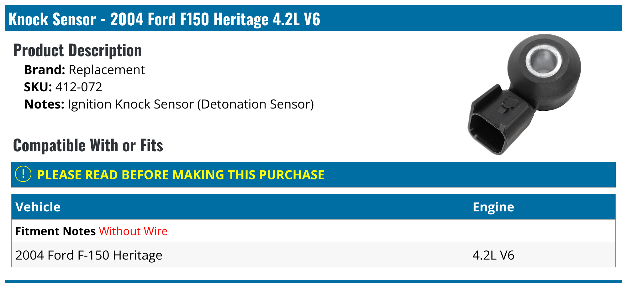 2004 Ford F150 Heritage Knock Sensor - Replacement 412-072 - PartsGeek.com