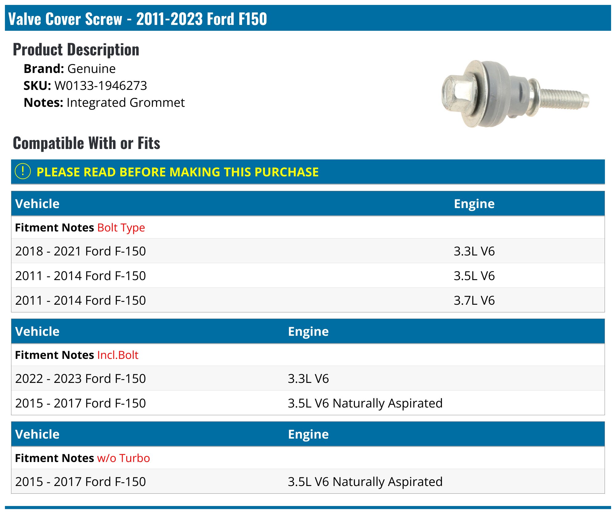 2011-2023 Ford F150 Valve Cover Screw - Genuine W0133-1946273 ...