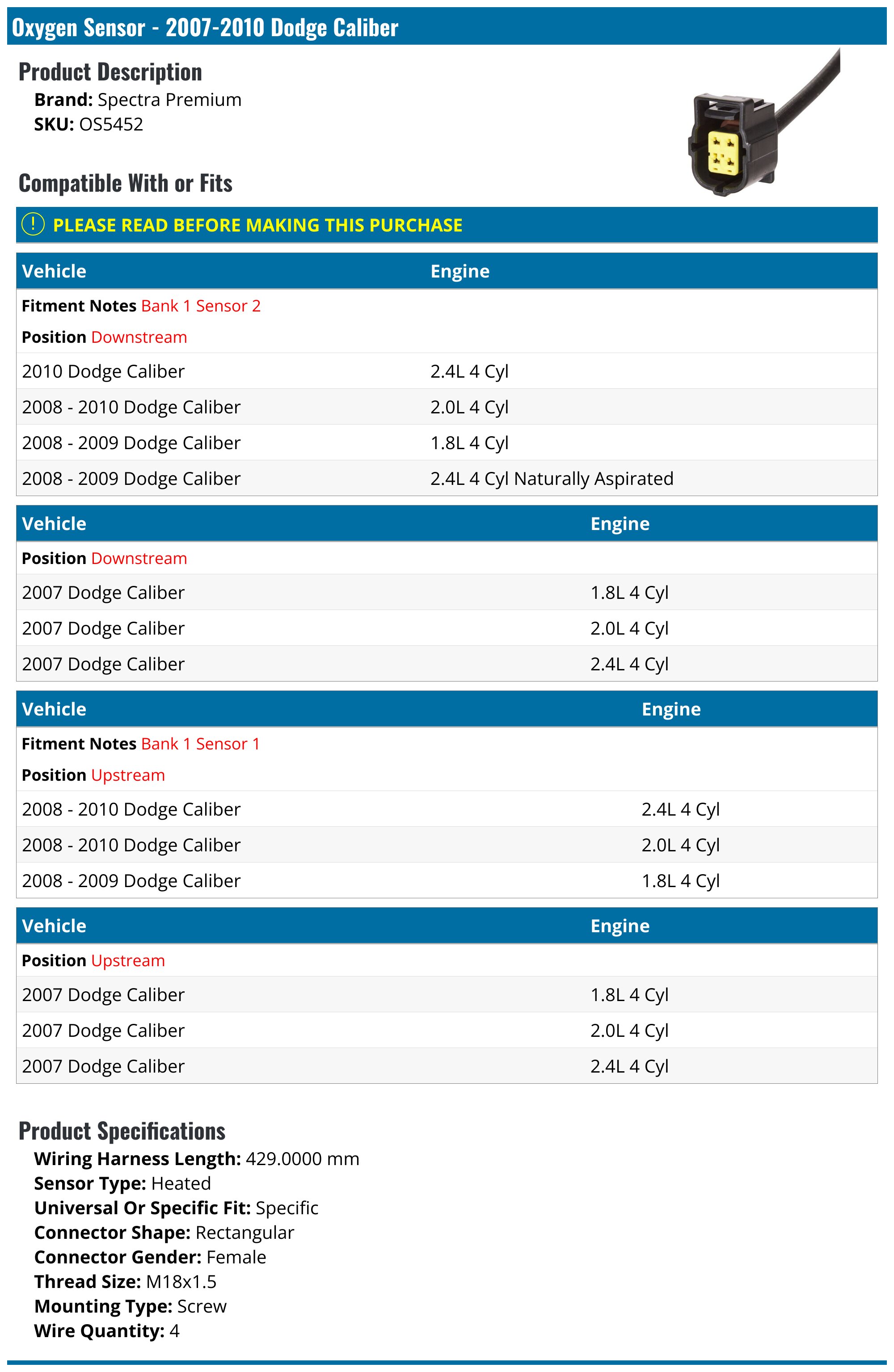 2007-2010 Dodge Caliber Oxygen Sensor - Spectra Premium OS5452 ...